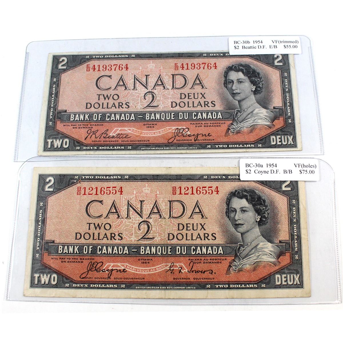 Pair of 1954 $2 Bank of Canada Devil's Face Note Prefix E/B & B/B VF ...