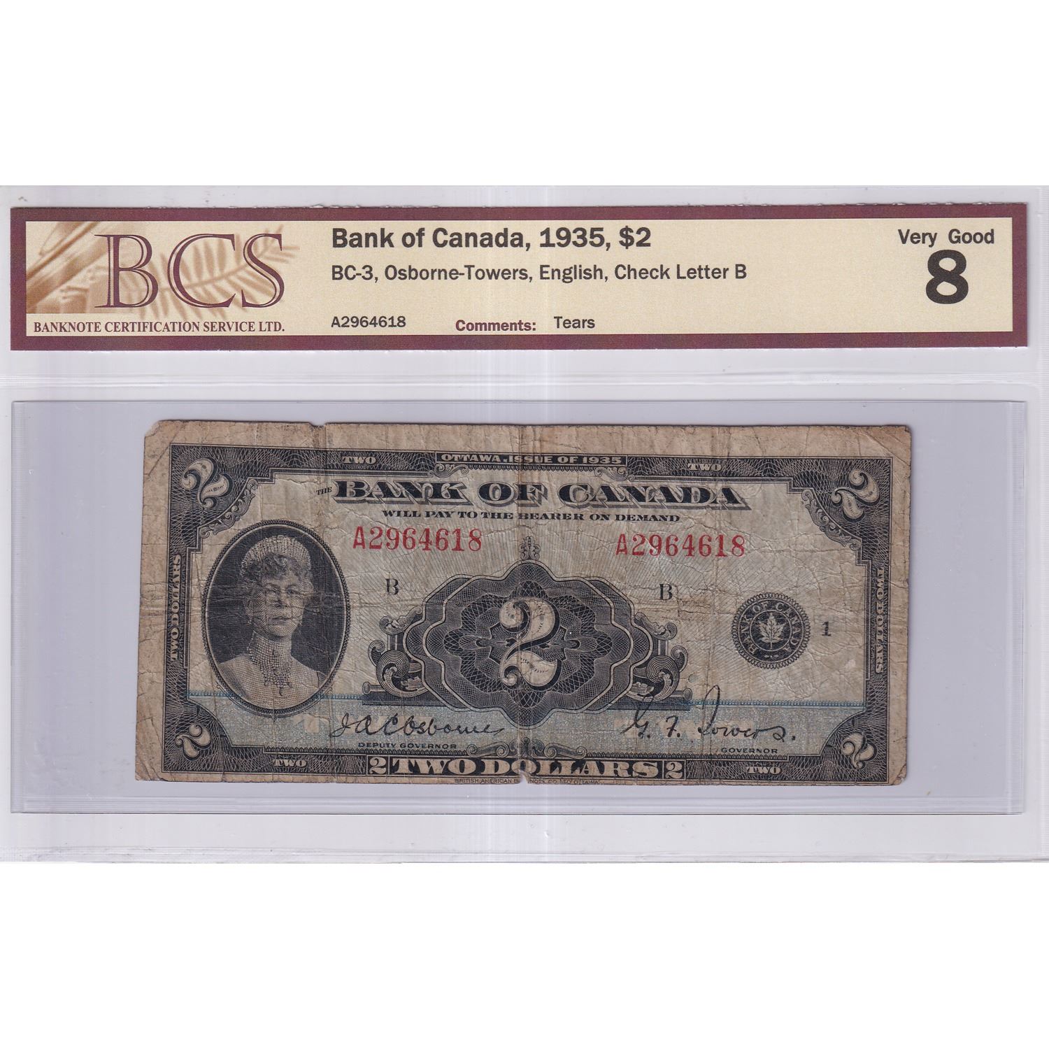 1935 $2 BC-3, Bank of Canada, Osborne-Towers, English, Check Letter B, BCS Certified VG-8 (Tears)