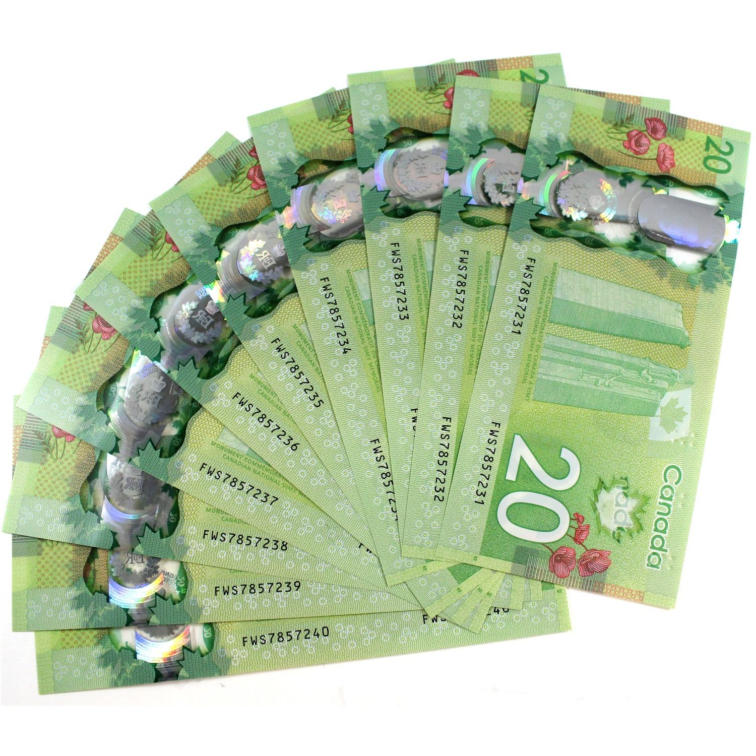 Run of 10x 2015 $20 Canada Polymer Banknotes in Sequence S/N FWS7857231 ...