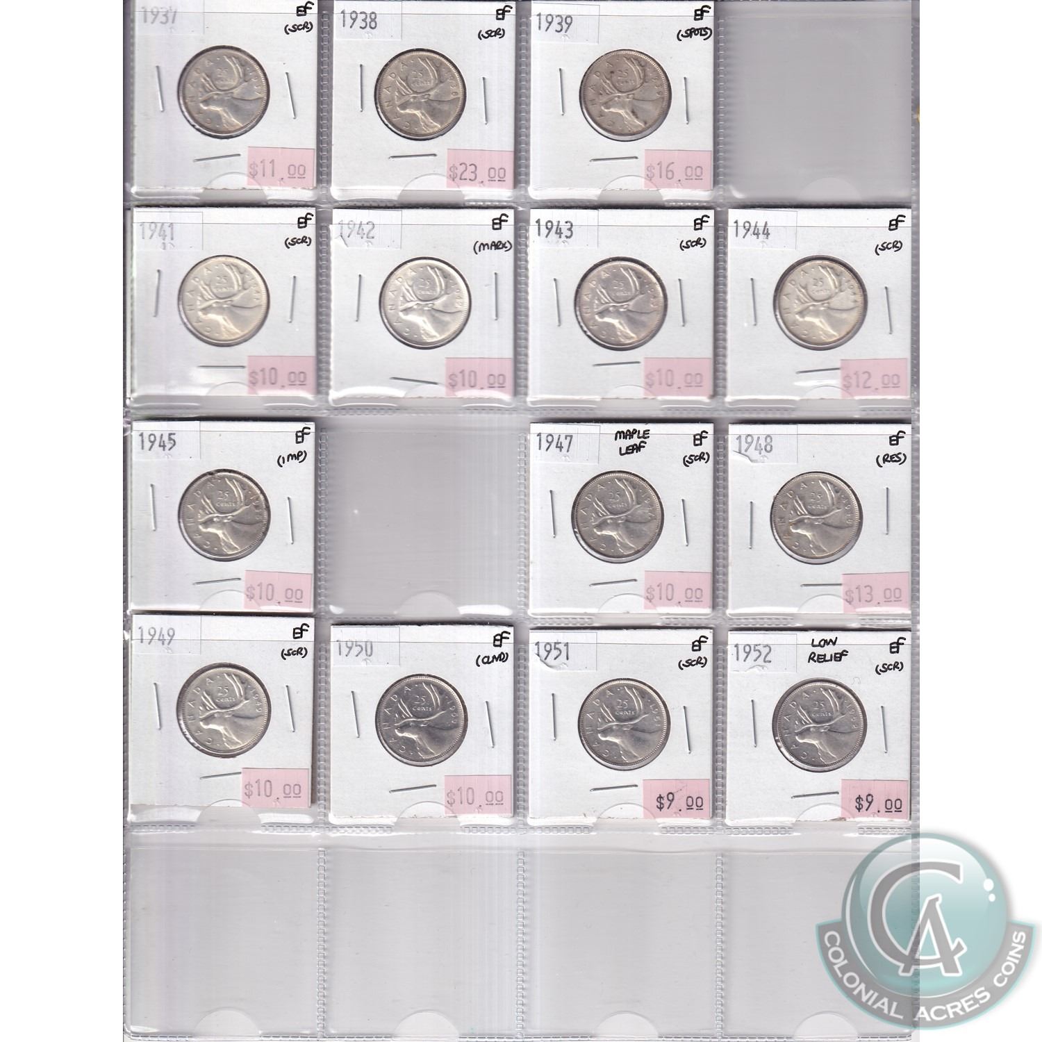 1937-1952 Canada Silver 25-cent Collection in Extra Fine Condition ...