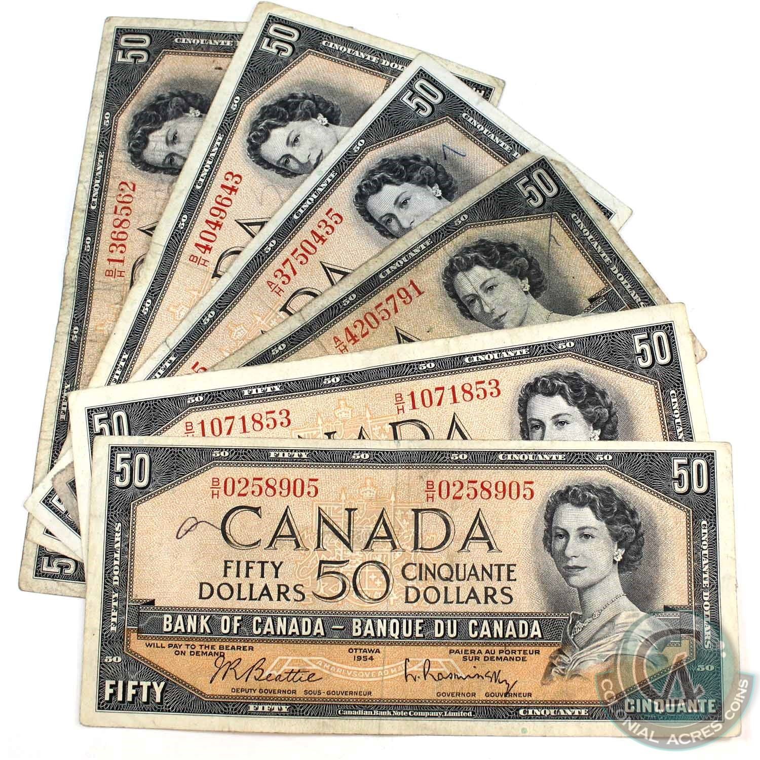 1954 $50 Bank of Canada Notes - 2x Beattie-Coyne & 4x Beattie-Rasminsky ...