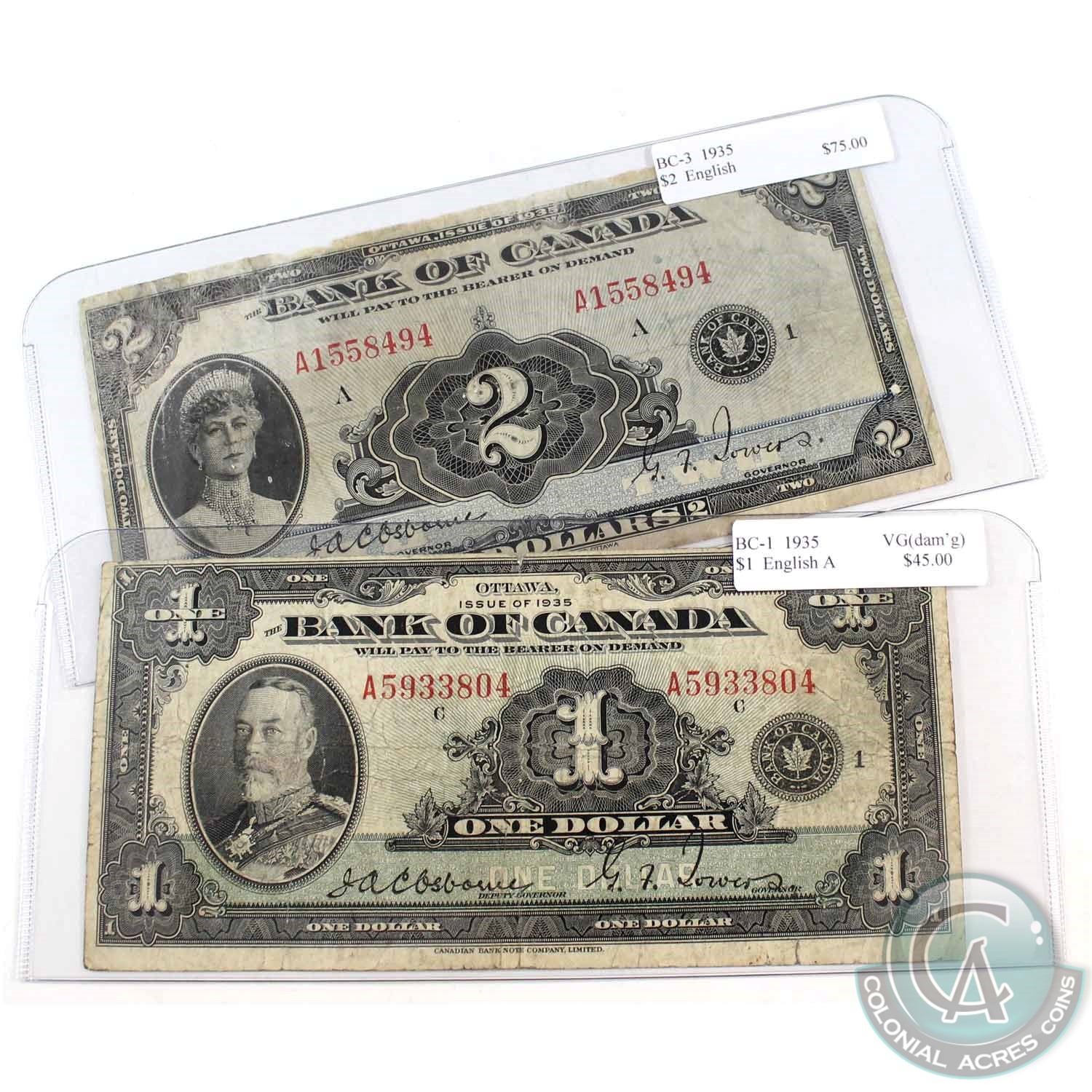 1935 $1 BC-1 & $2 BC-3 Bank of Canada Notes English Variety. Notes have ...