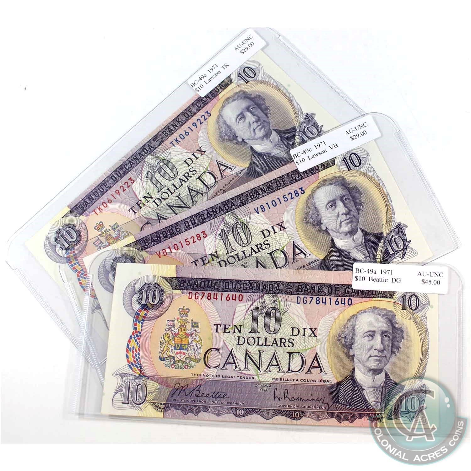 1971 $10 Bank of Canada Notes - 1x BC-49a Beattie-Rasminsky & 2x BC-49c ...