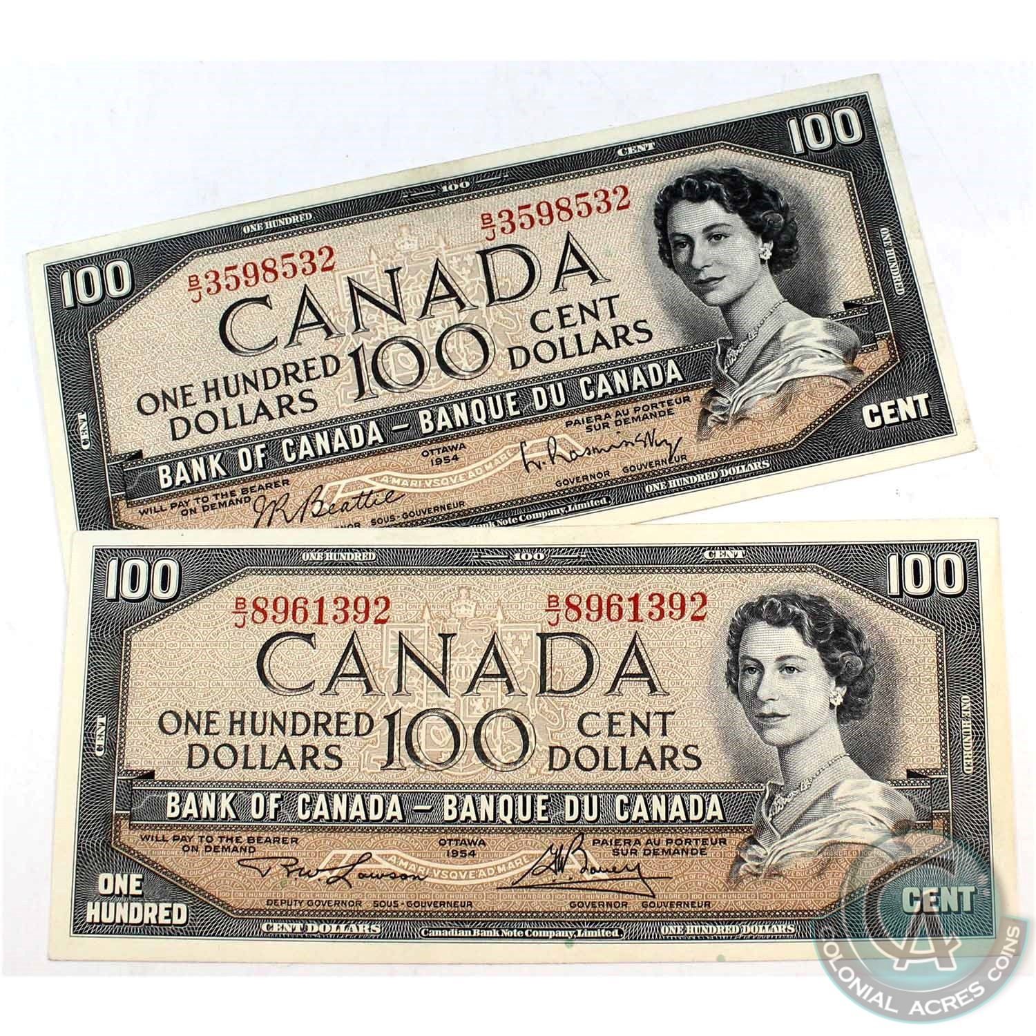 1954 $100 Bank of Canada Notes - 1x Lawson-Bouey & 1x Beattie-Rasminsky ...