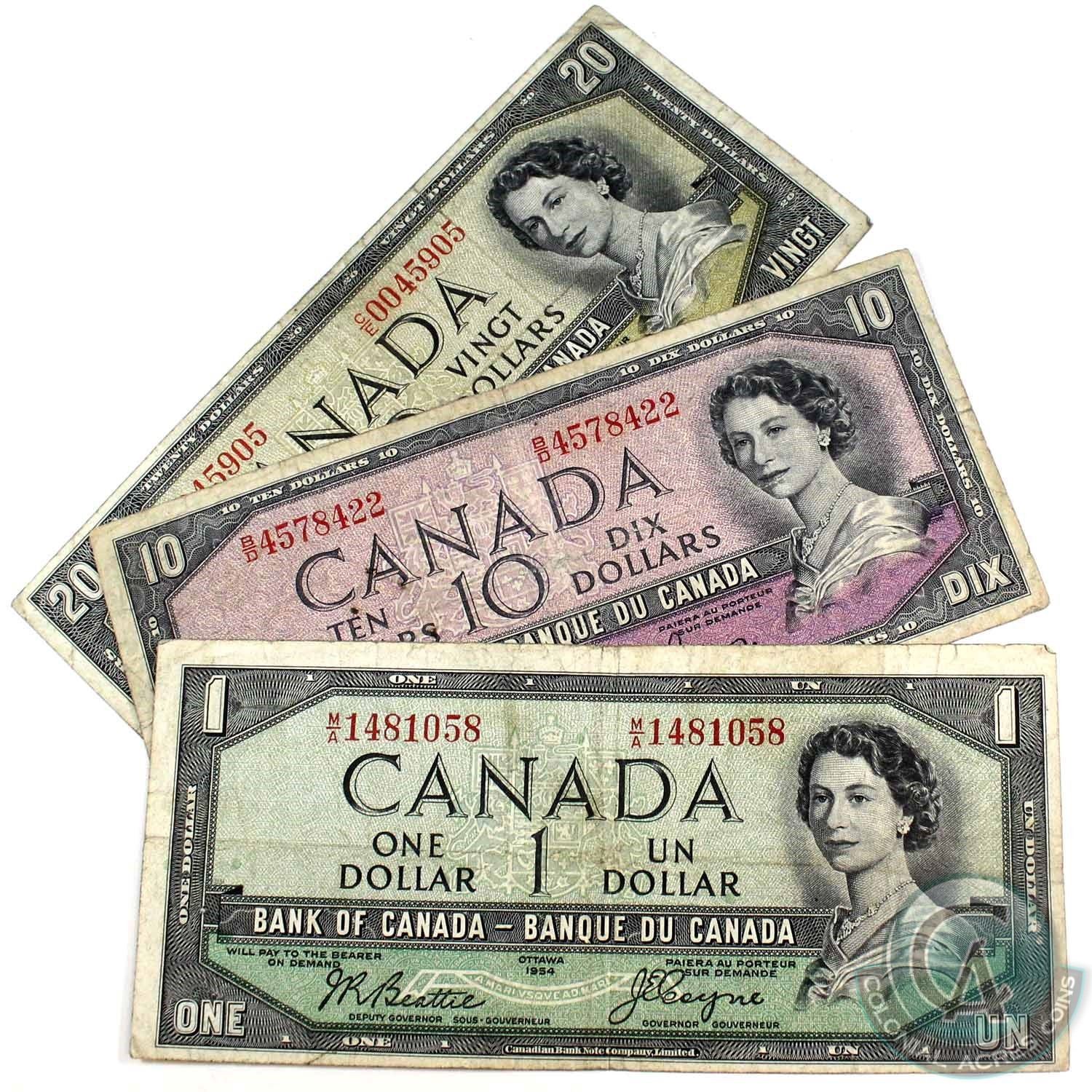 1954 $1, $10 & $20 Bank of Canada Devil's Face Notes - $1 Beattie-Coyne ...