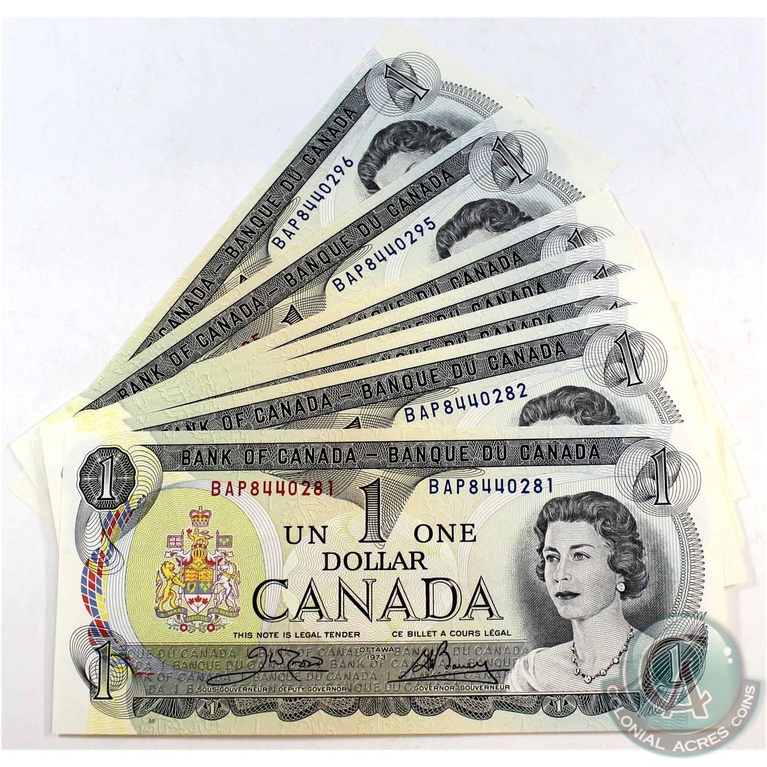 1973 $1 Bank of Canada Notes all in Sequence - BAP8440281-96. 16pcs