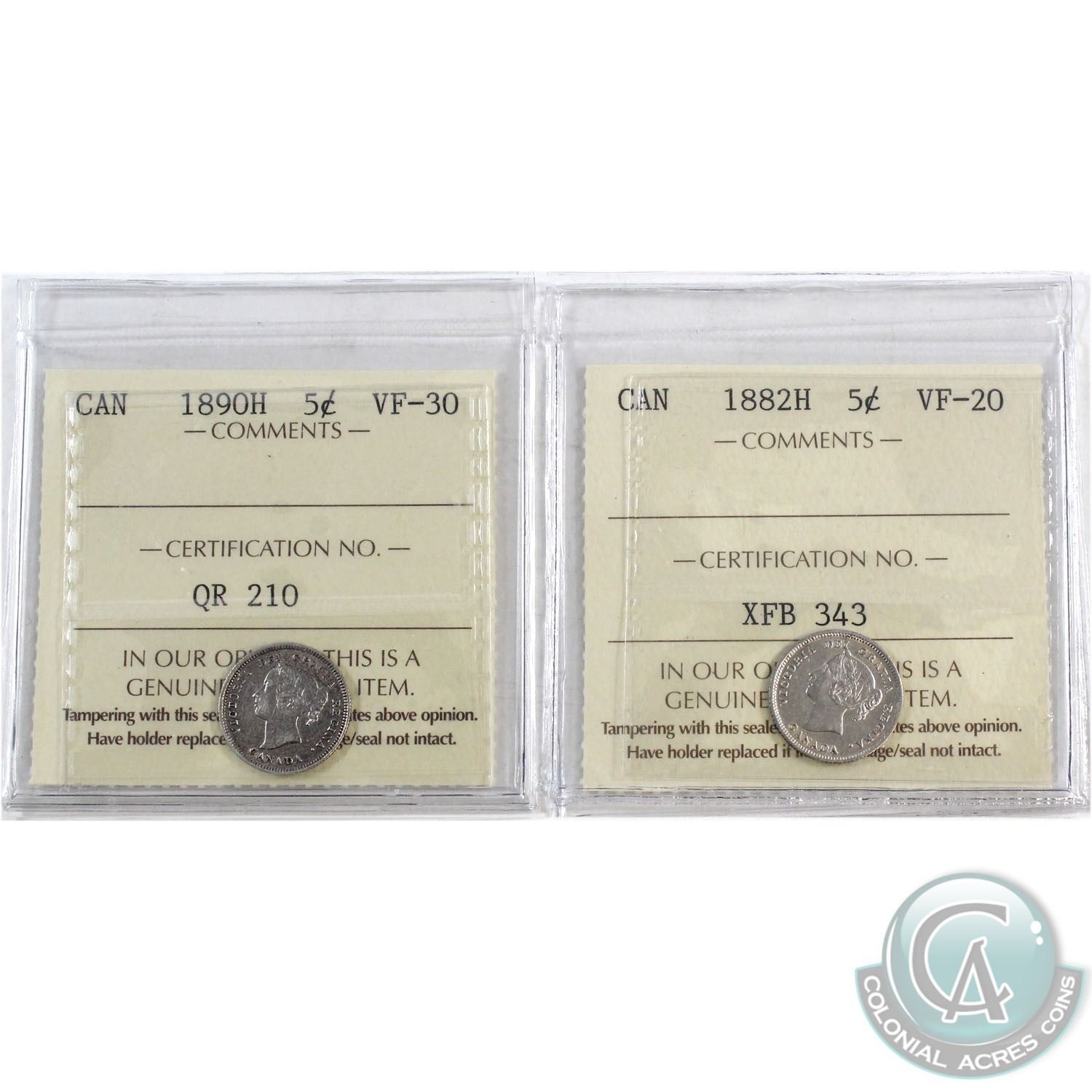 1882H Canada 5-cent ICCS Certified VF-20 & 1890H 5-cent VF-30. 2pcs