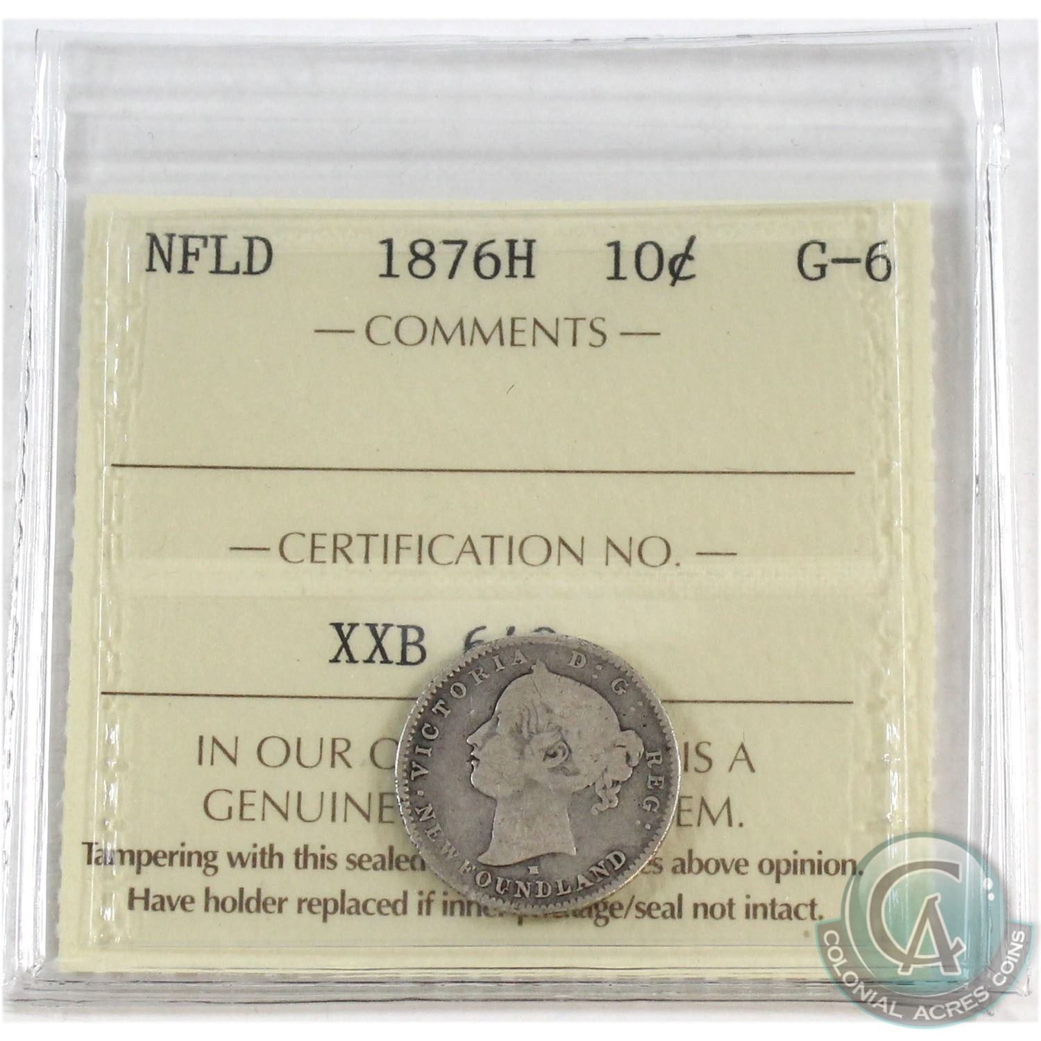1876H Newfoundland 10-cent ICCS Certified G-6