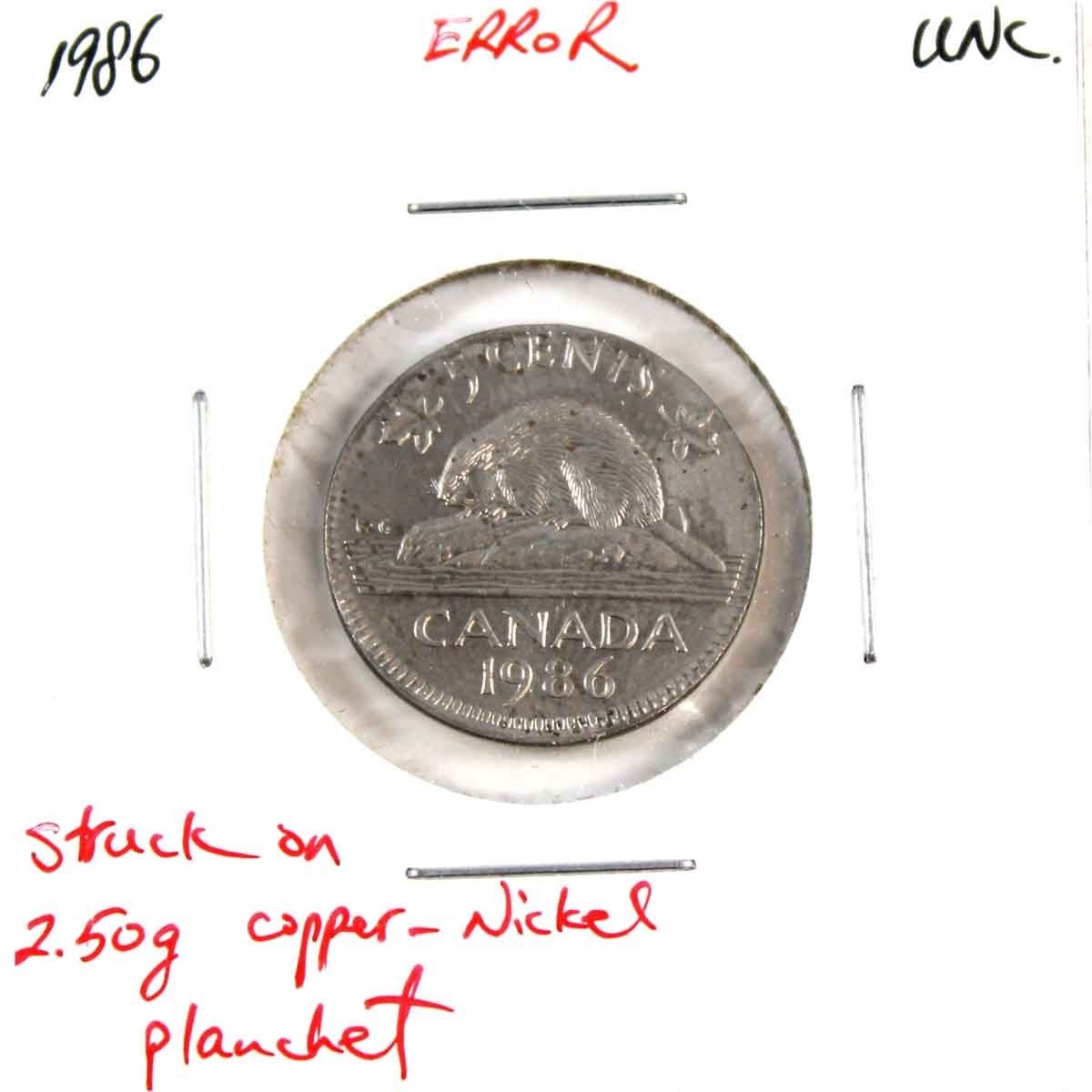 Canada 5-cent 1986 Struck on a Foreign Planchet 2.50g (Copper-Nickel ...