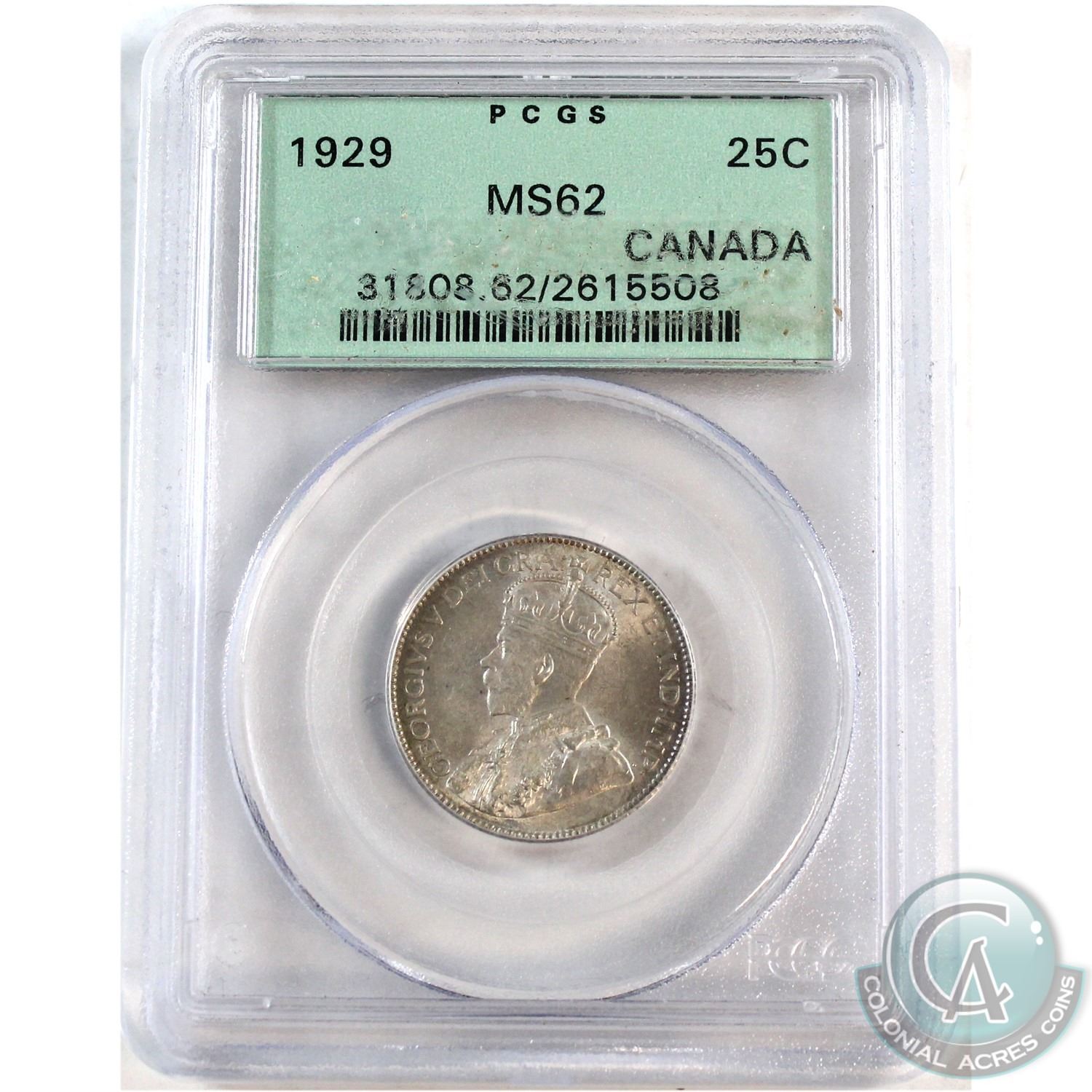 1929 Canada 25-cent PCGS Certified MS-62