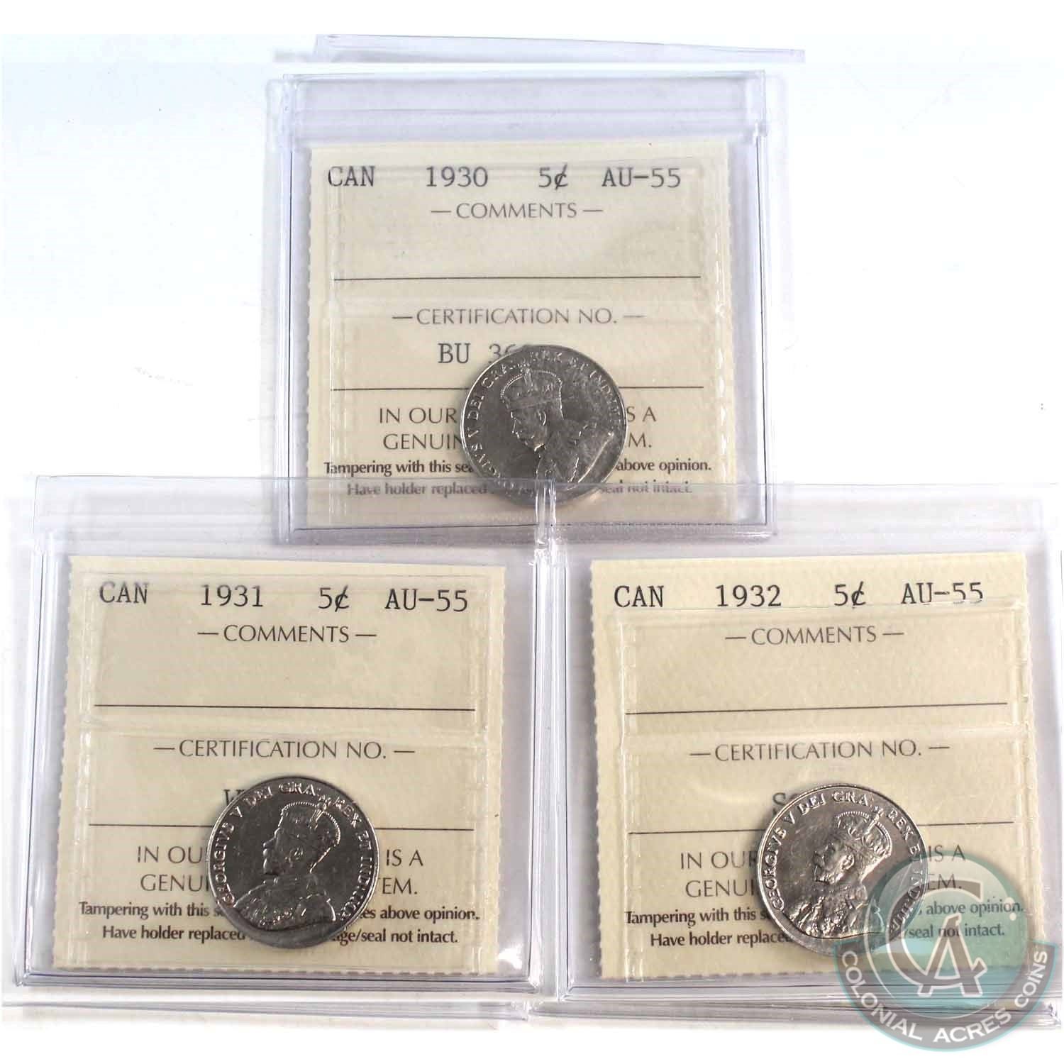 5-cent 1930, 1931 & 1932 ICCS Certified AU-55. 3pcs
