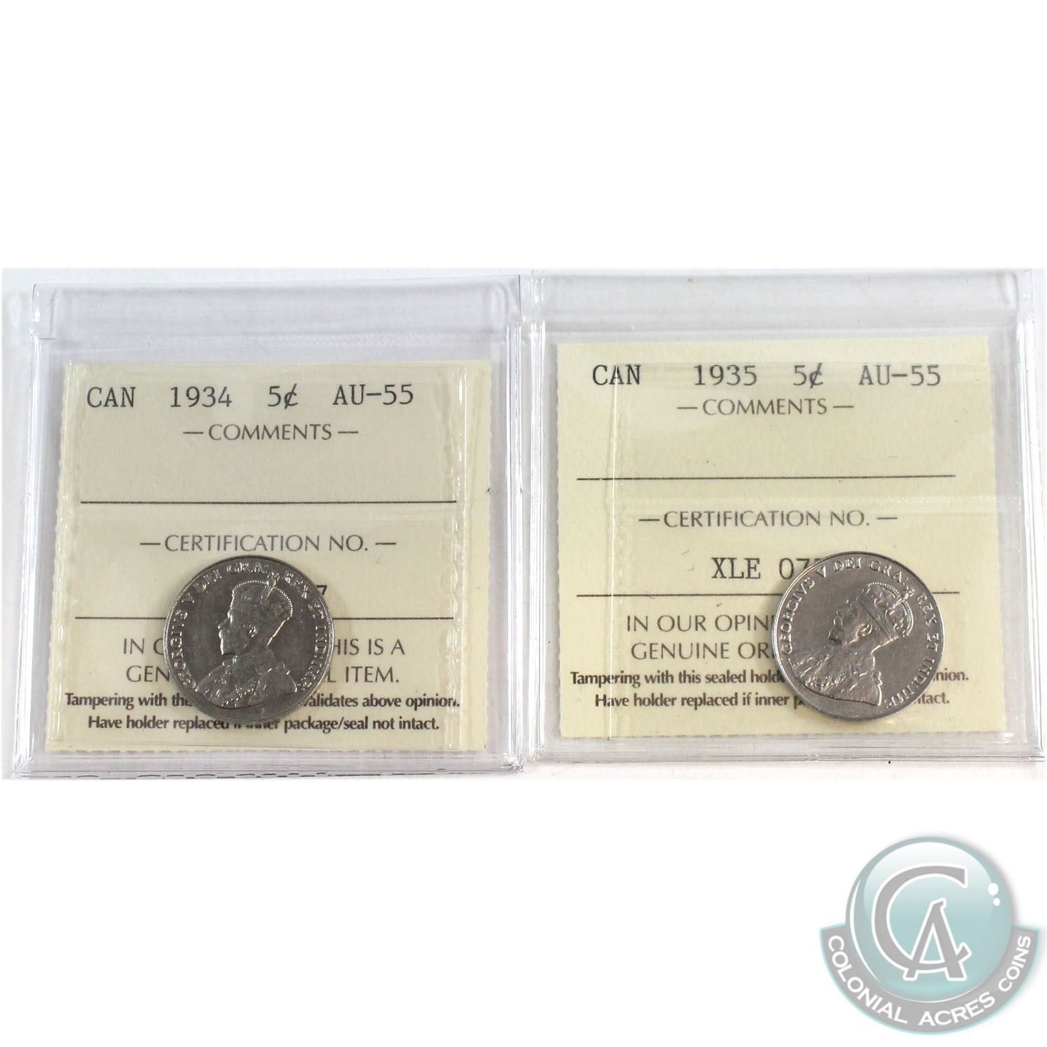 1934 & 1935 Canada 5-cent ICCS Certified AU-55. 2pcs