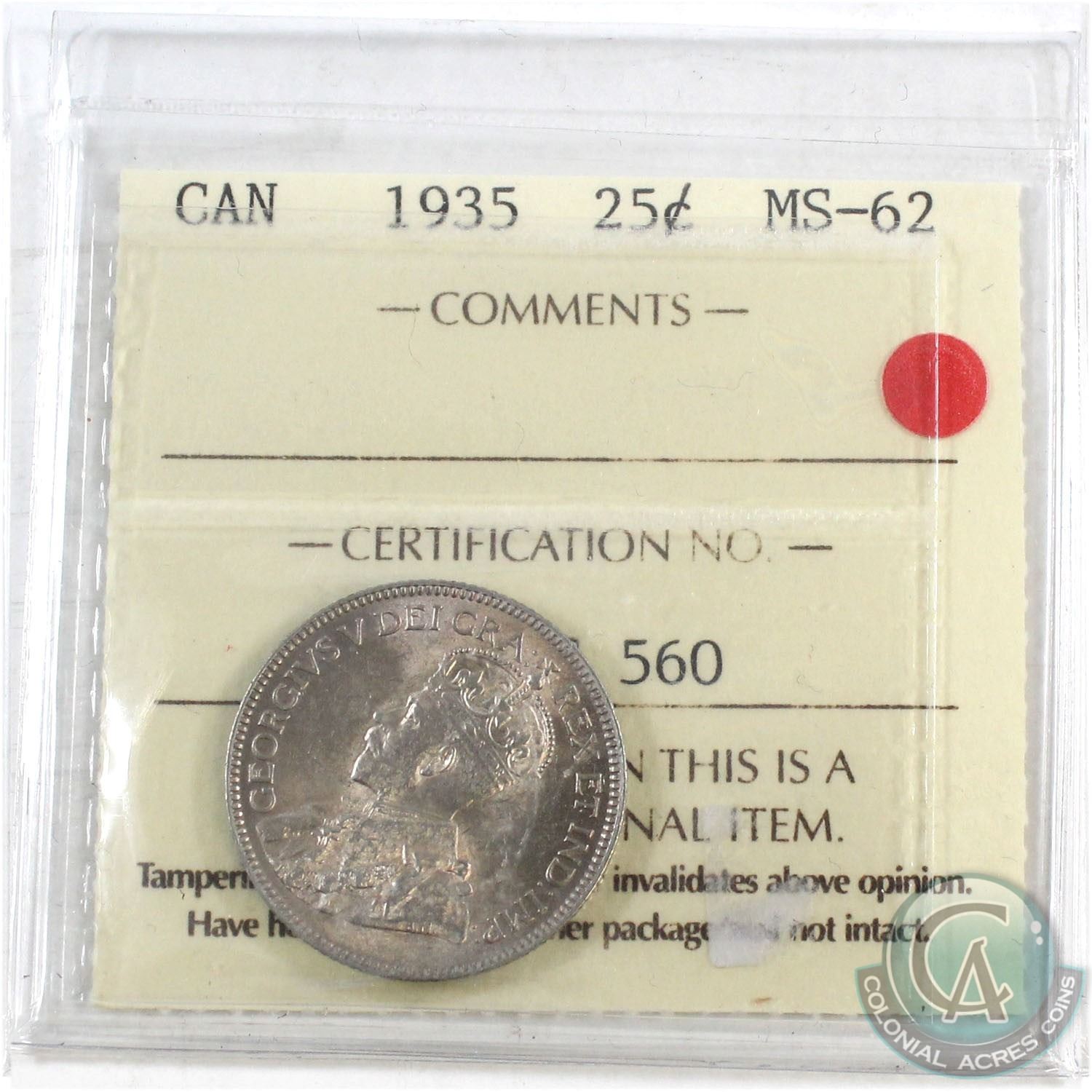 1935 Canada 25-cent ICCS Certified MS-62
