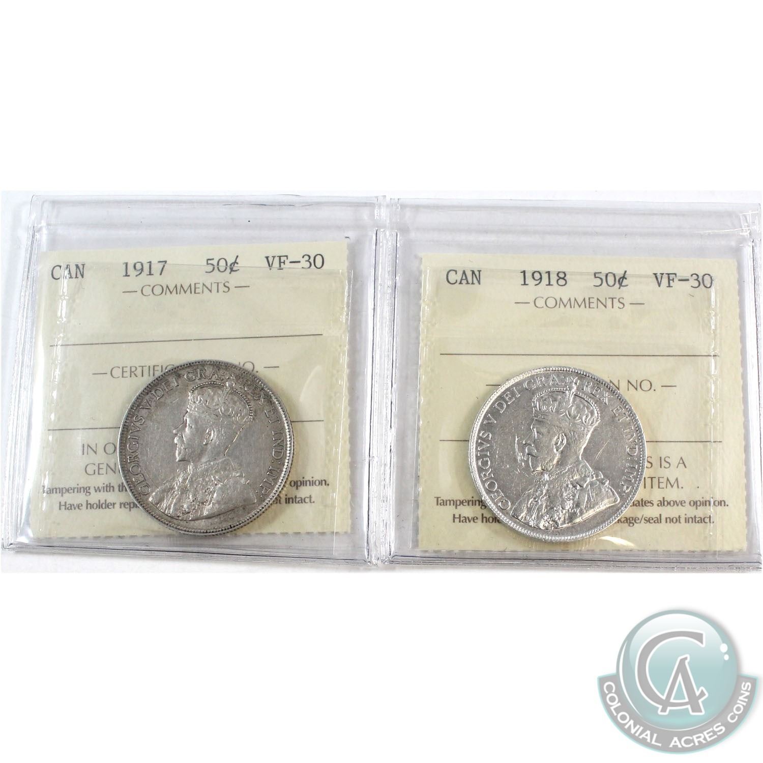 1917 & 1918 Canada 50-cent ICCS Certified VF-30. 2pcs