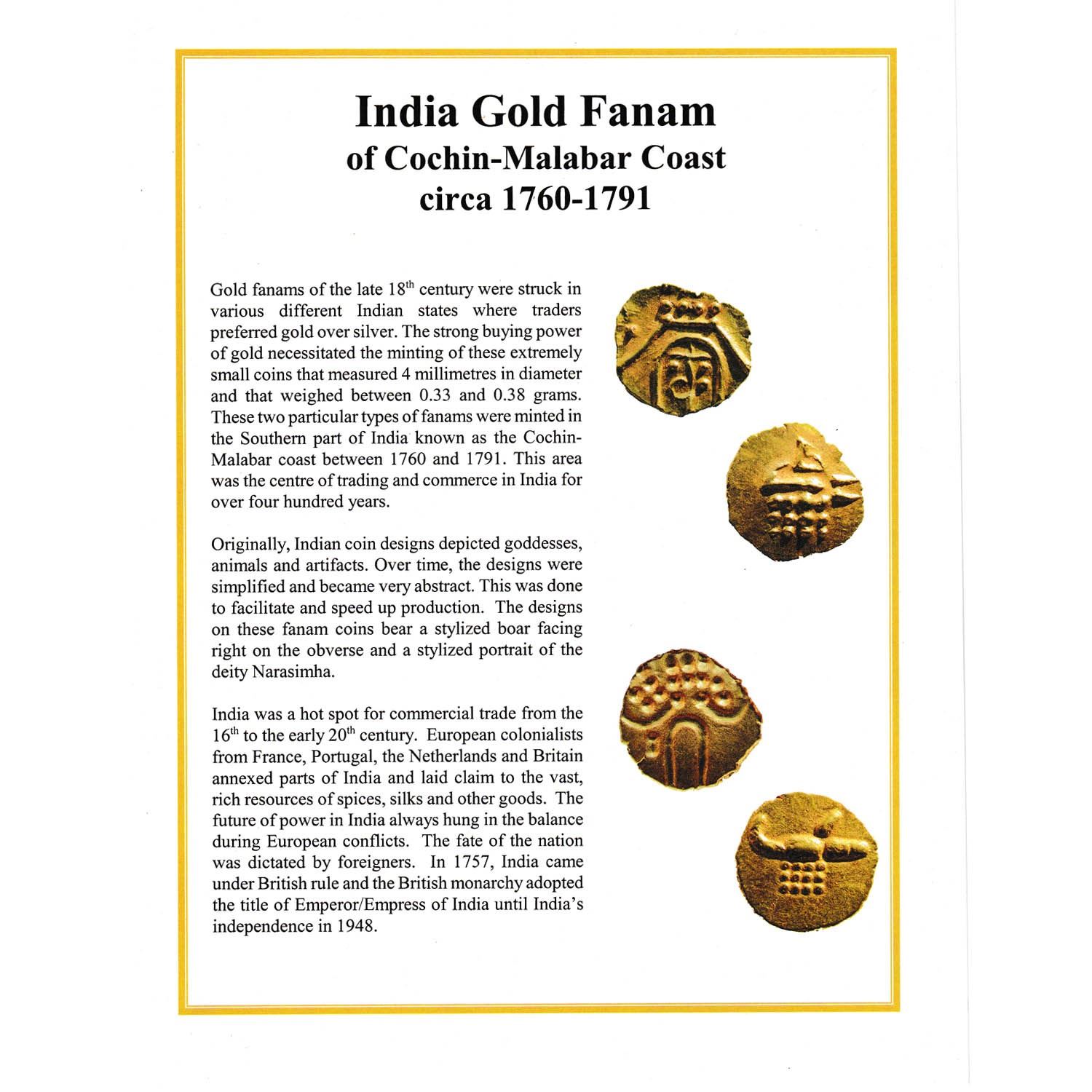1760-1791 Cochin-Malabar Coast- India Gold Fanam with Informational Sheet.