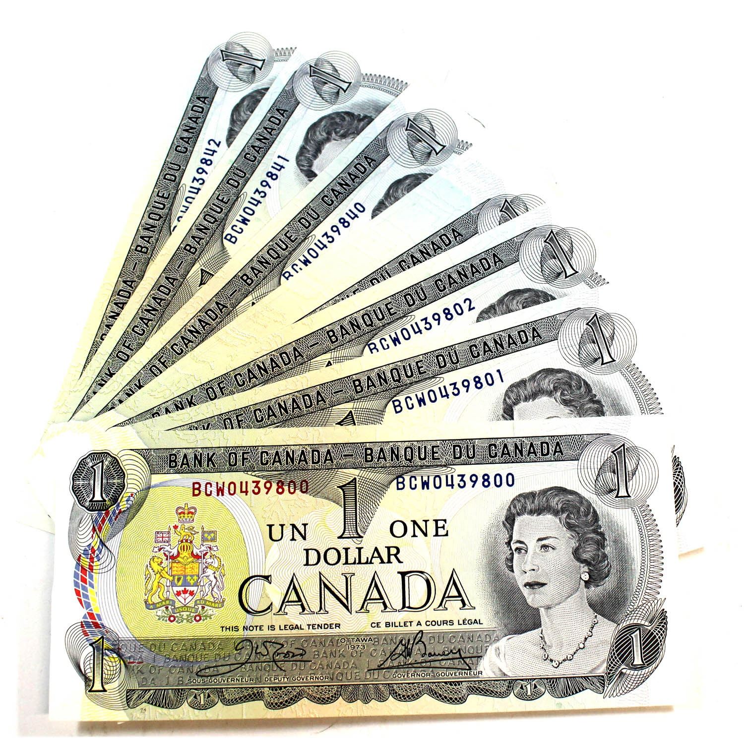 43x 1973 $1 Bank of Canada Notes - 43 in sequence. 43pcs.