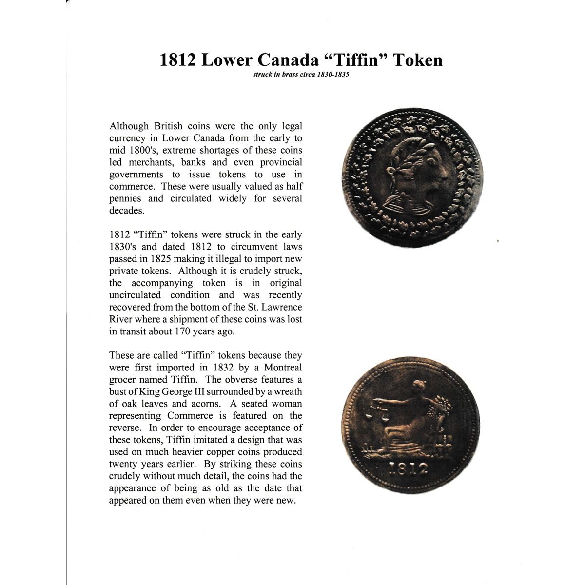 1812 Lower Canada" Tiffin" Brass Token Circa 1830-1835 with ...