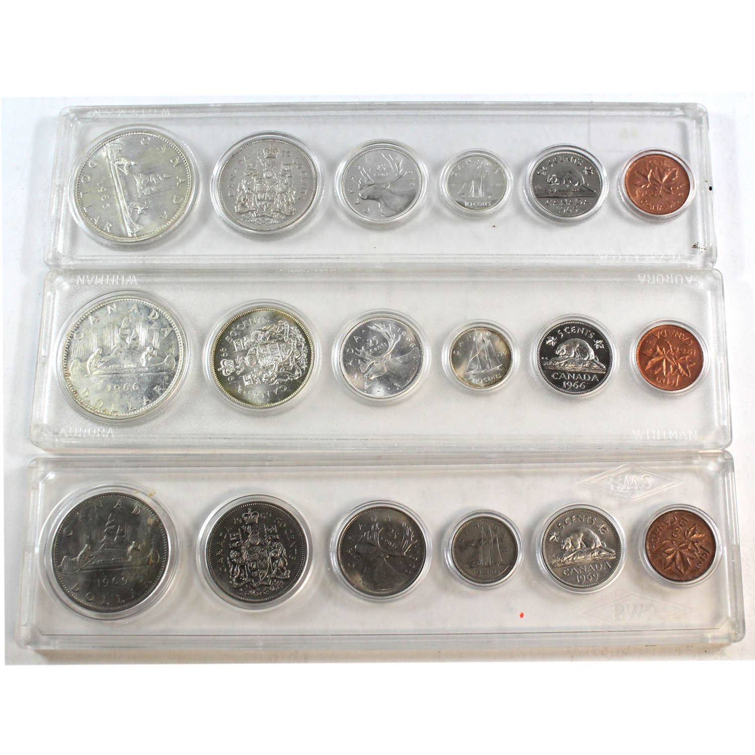 1965, 1966 & 1969 Canada 6-coin Year Set (coins are toned and packaging ...