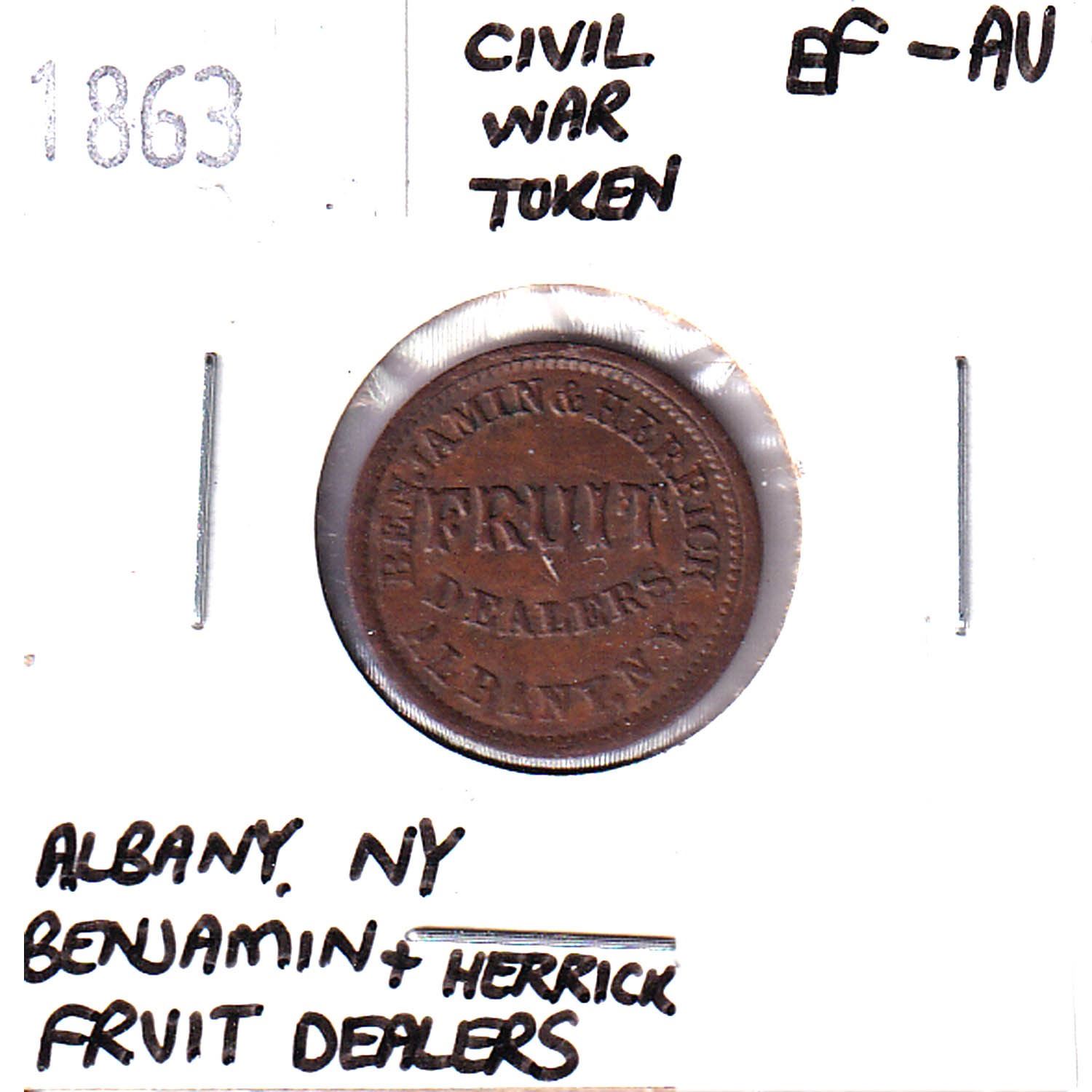 1863 Albany New York, Benjamin + Herrick Fruit Dealer Civil War Token EF-AU