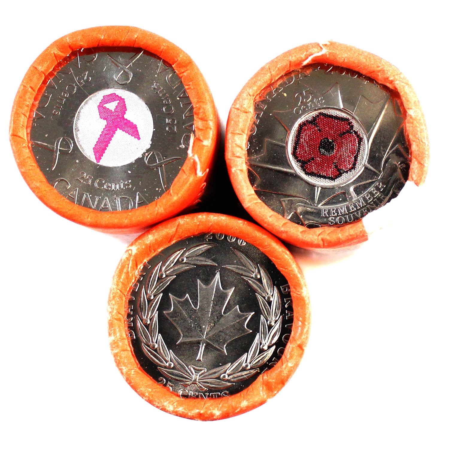 2004 Poppy, 2006 Medal bravery & 2006 Pink Ribbon Canada 25-cent ...