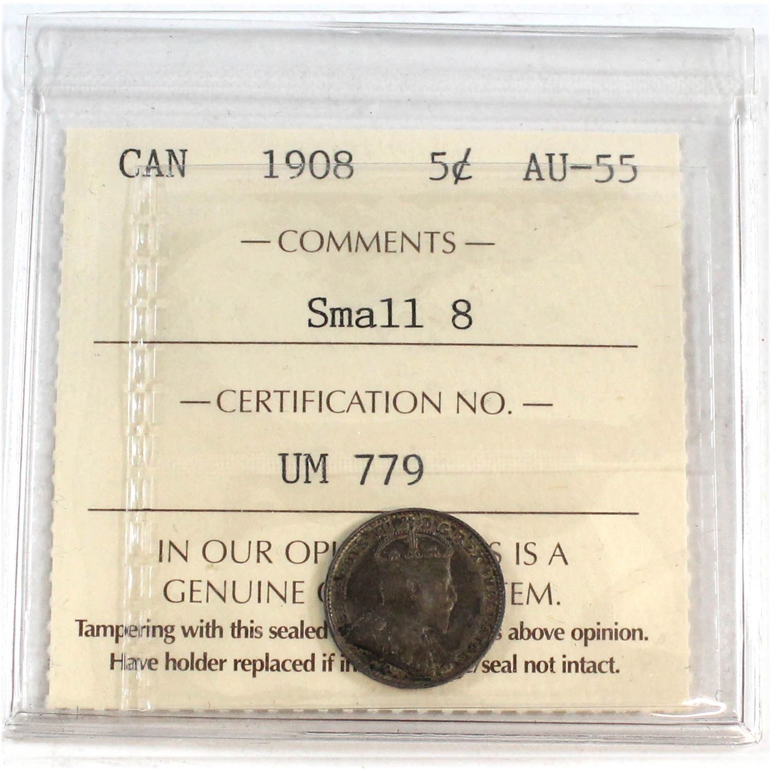 1908 Canada Small 8 5-cent ICCS Certified AU-55.