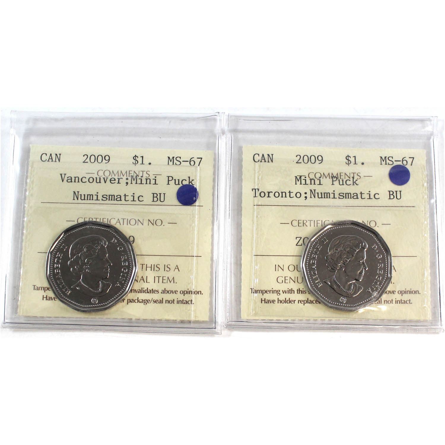 2009 Canada Mini Puck $1 Toronto & Vancouver ICCS Certified MS-67 NBU ...