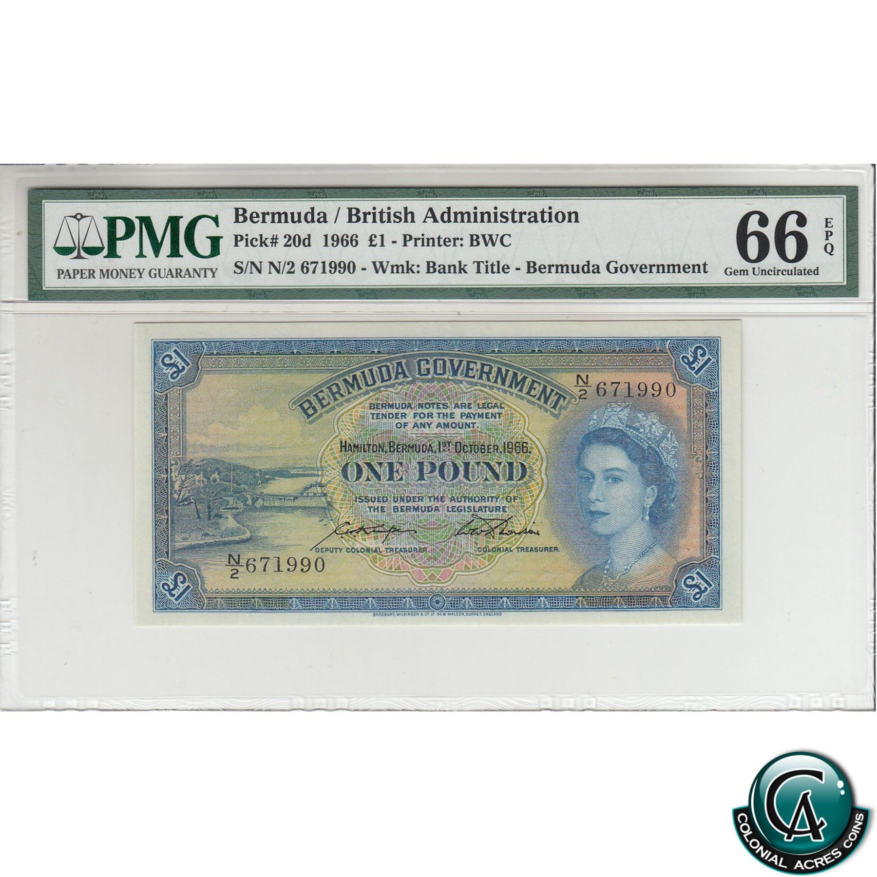 Bermuda Pick# 20d. 1966 Bermuda 1 Pound, British Administration, S/N: N ...
