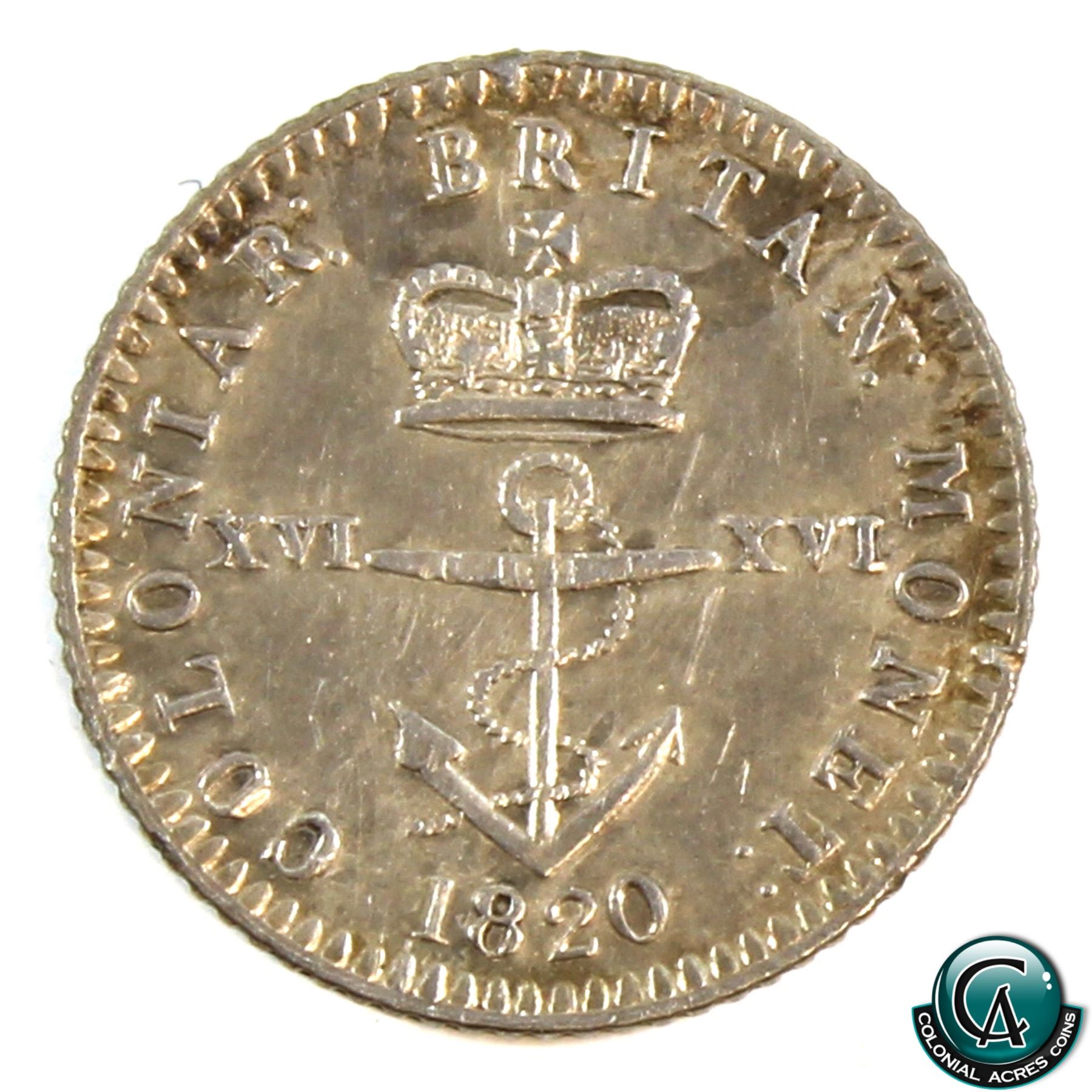 British West Indies 1820 1/16th Silver Dollar (KM1). A nice attractive EF