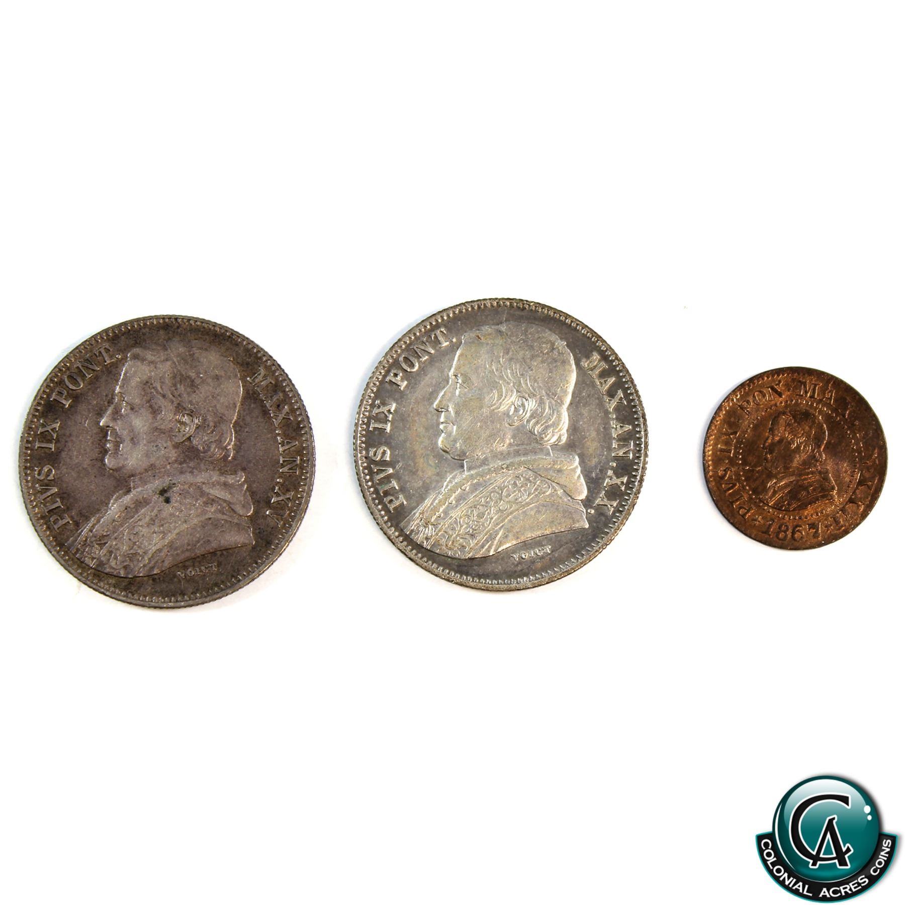 Italy 3x Papal States coins, 2x 20 Baiocchi featuring Pius IX (1866R ...