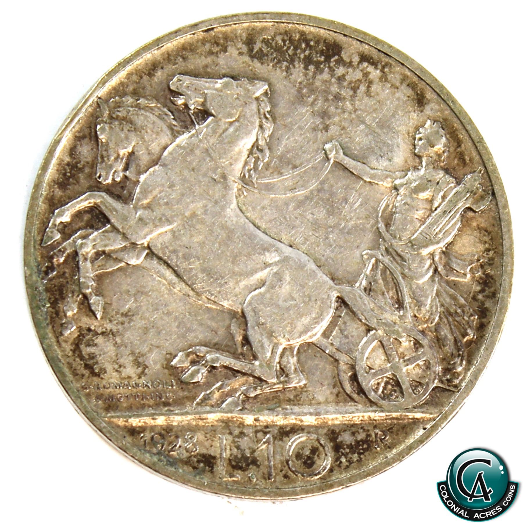 Italy 1928R Silver 10 Lire *RARE* (KM-68.1). A nice EF coin with some ...