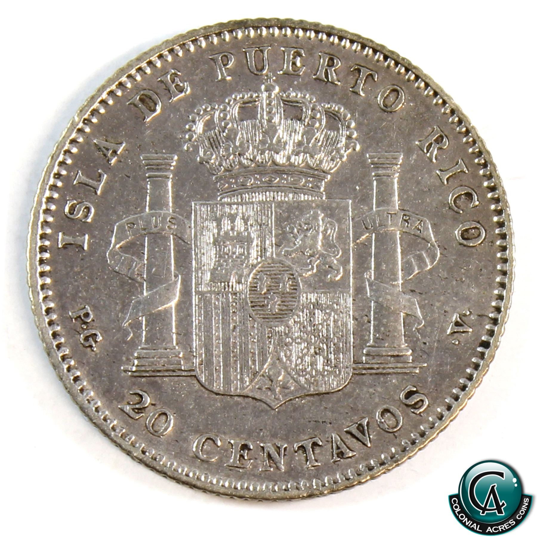 Puerto Rico 1895 Alphonso XIII of Spain Silver 20 Centavos. Choice EF *RARE* (KM#27)