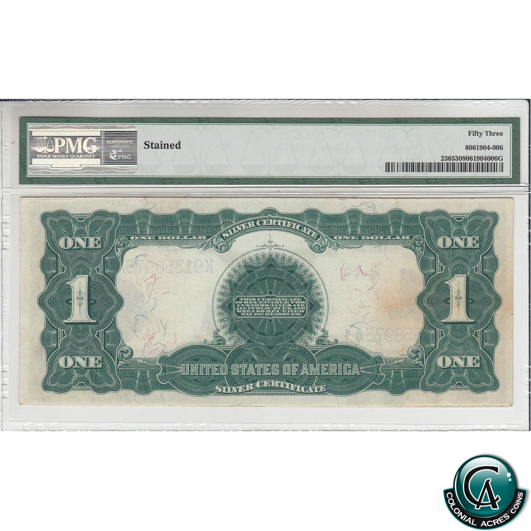 USA Fr# 236. 1899 $1, Silver Certificate, Speelman-White, S/N: K91358976A-D PMG Certified AU-53. (st