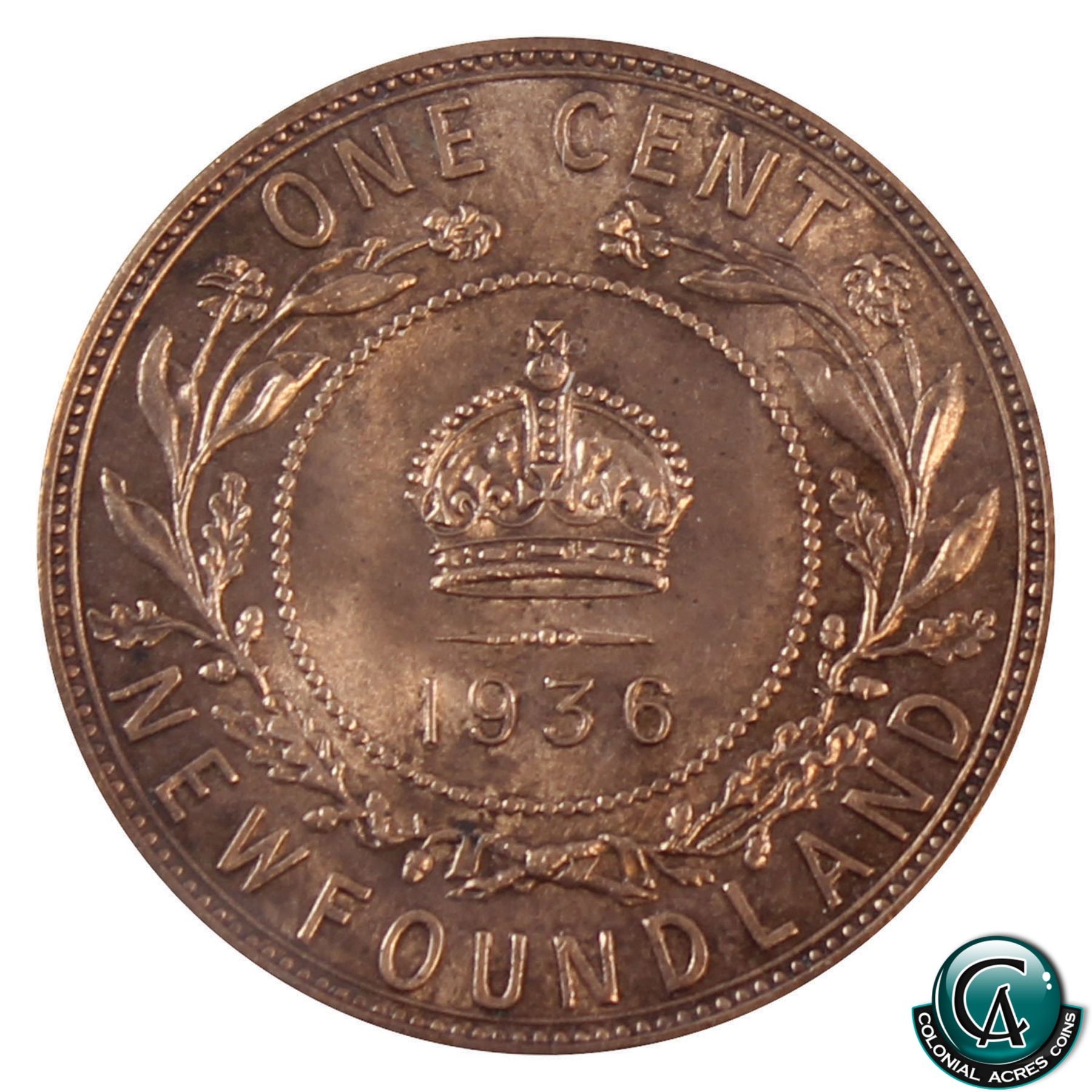 Newfoundland 1-cent 1936 ICCS Certified MS-64 Red. Beautifully struck coin with bright mint luster.