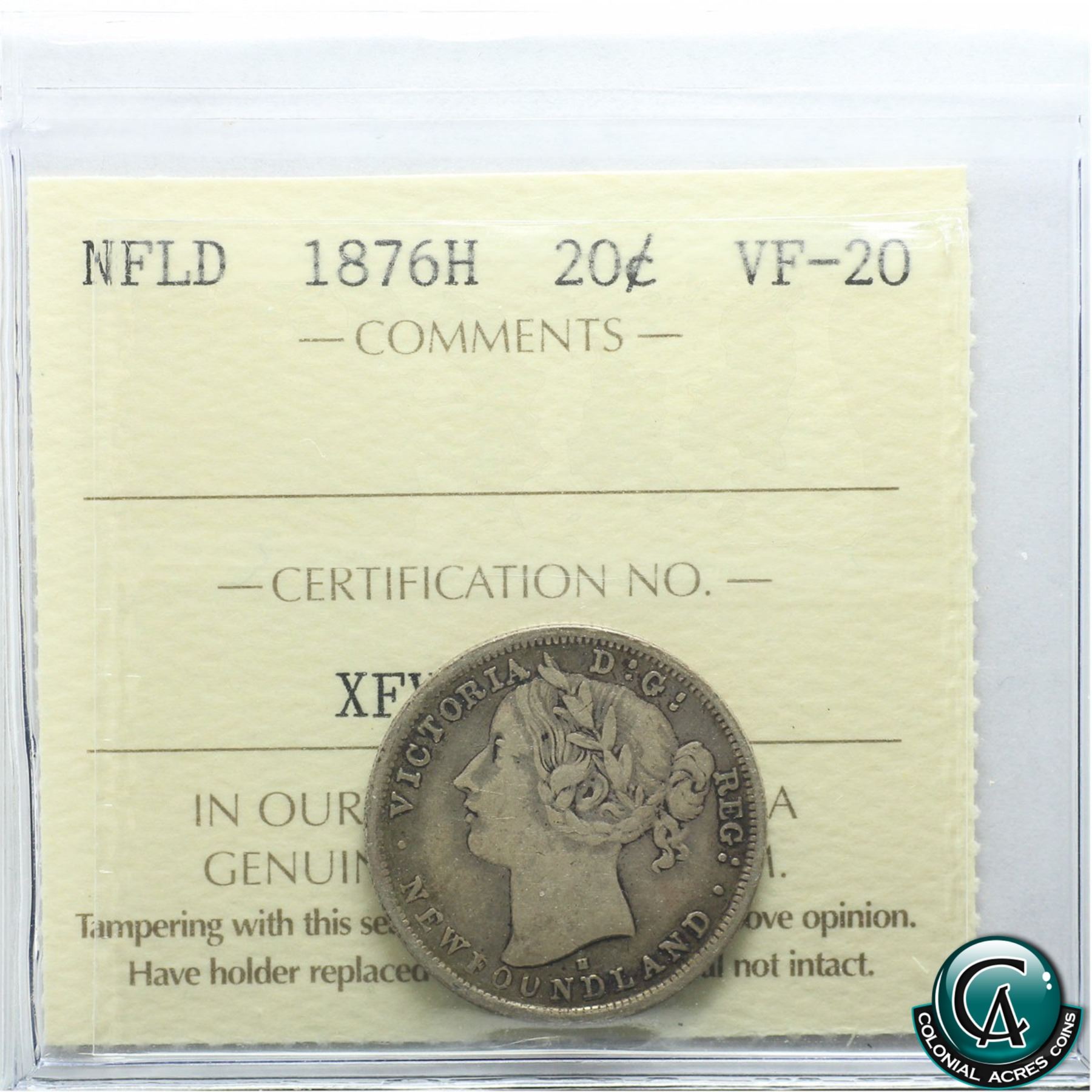 Newfoundland 20-cent 1876H ICCS Certified VF-20