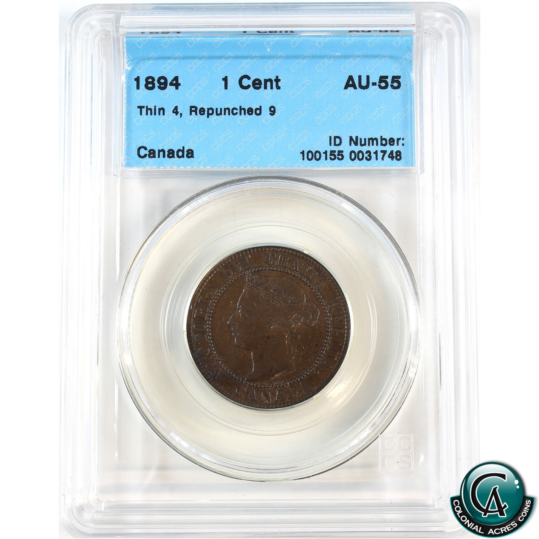 1-cent 1894 Thin 4, Double 9 CCCS Certified AU-55