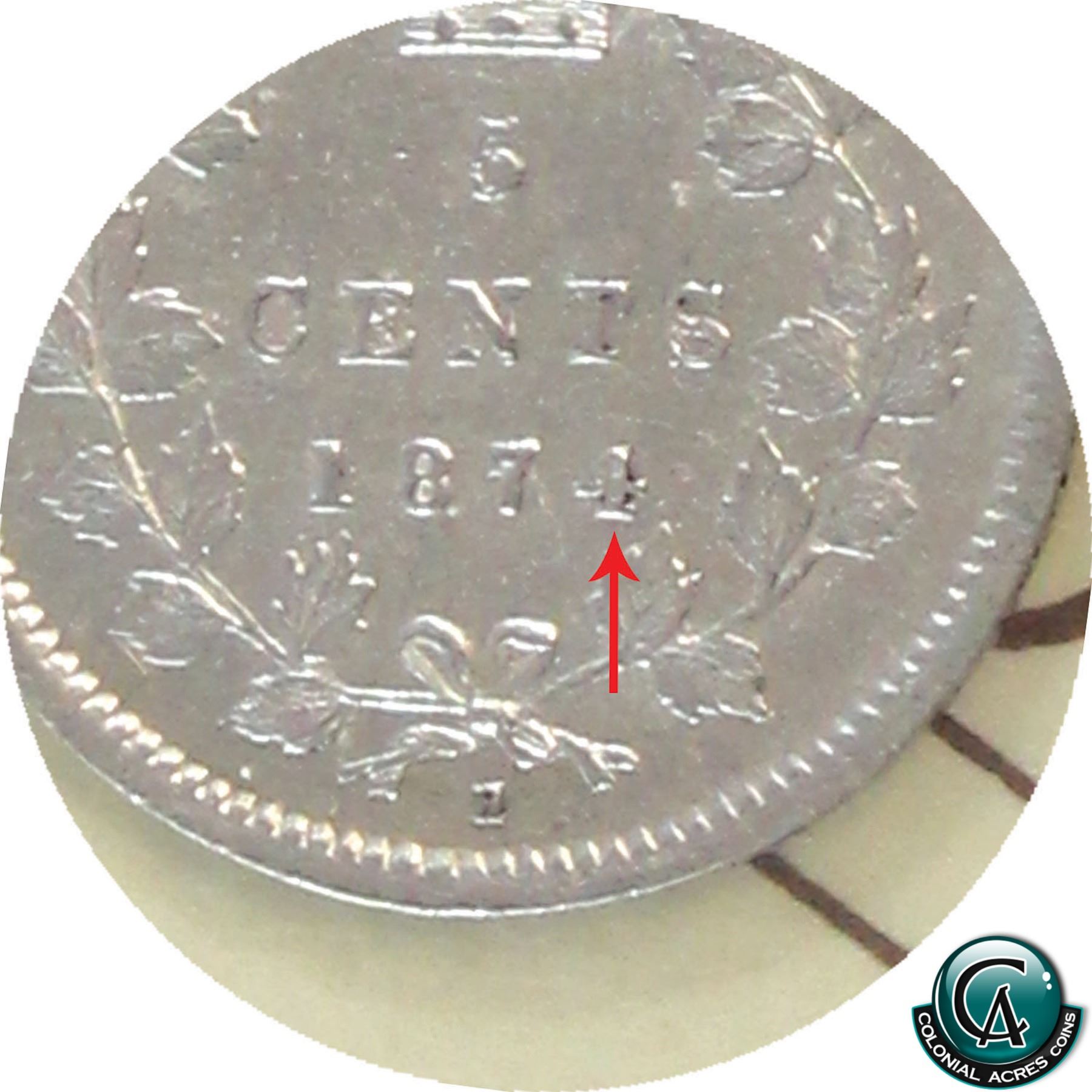 5-cent 1874H Plain 4 ICCS Certified EF-45