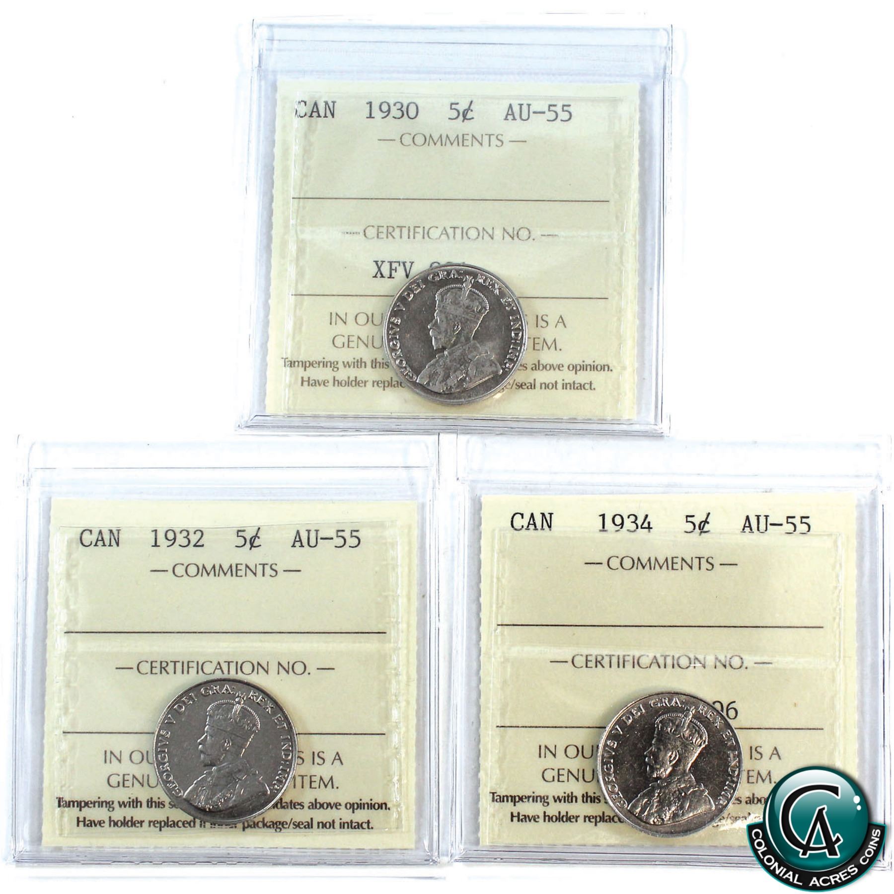 5-cent 1930, 1932 & 1934 ICCS Certified AU-55. 3pcs