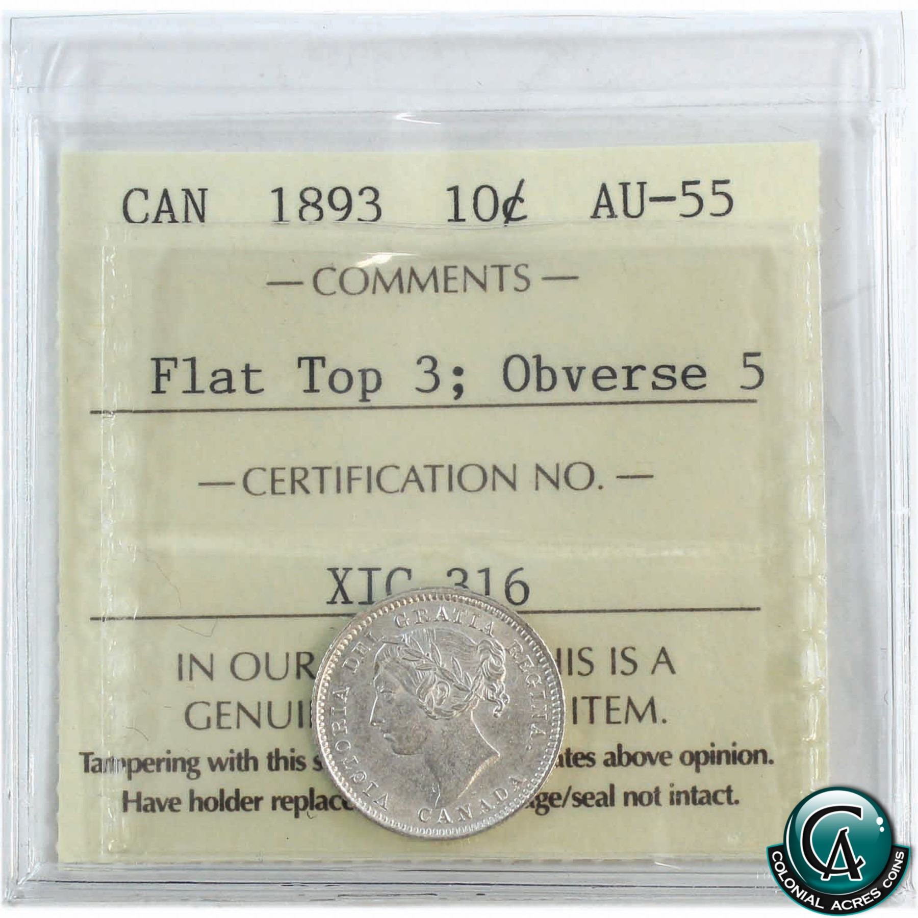 10-cent 1893 Flat Top 3 Obverse 5 ICCS Certified AU-55. *Scarce Obverse*