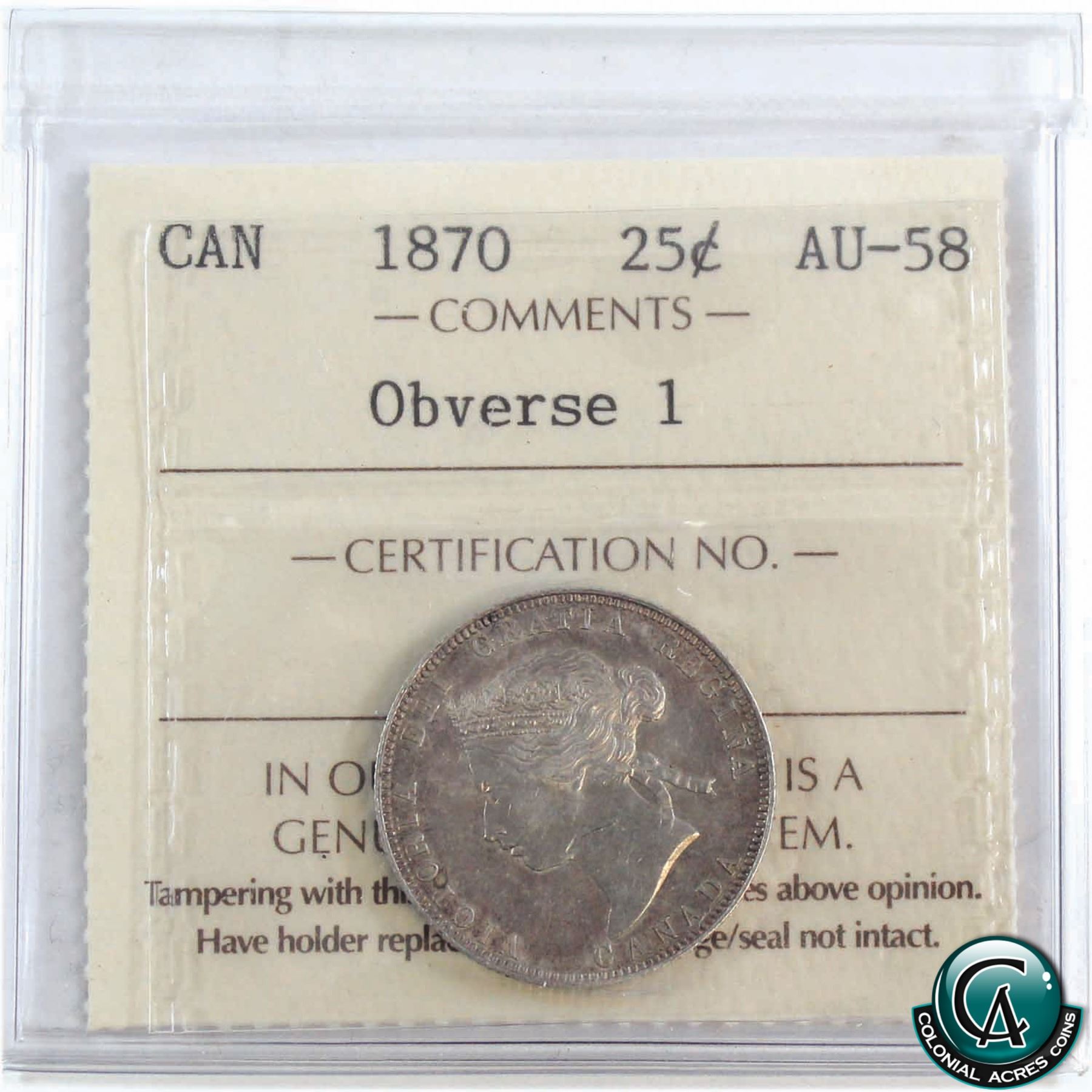 25-cent 1870 Obverse 1 ICCS Certified AU-58.