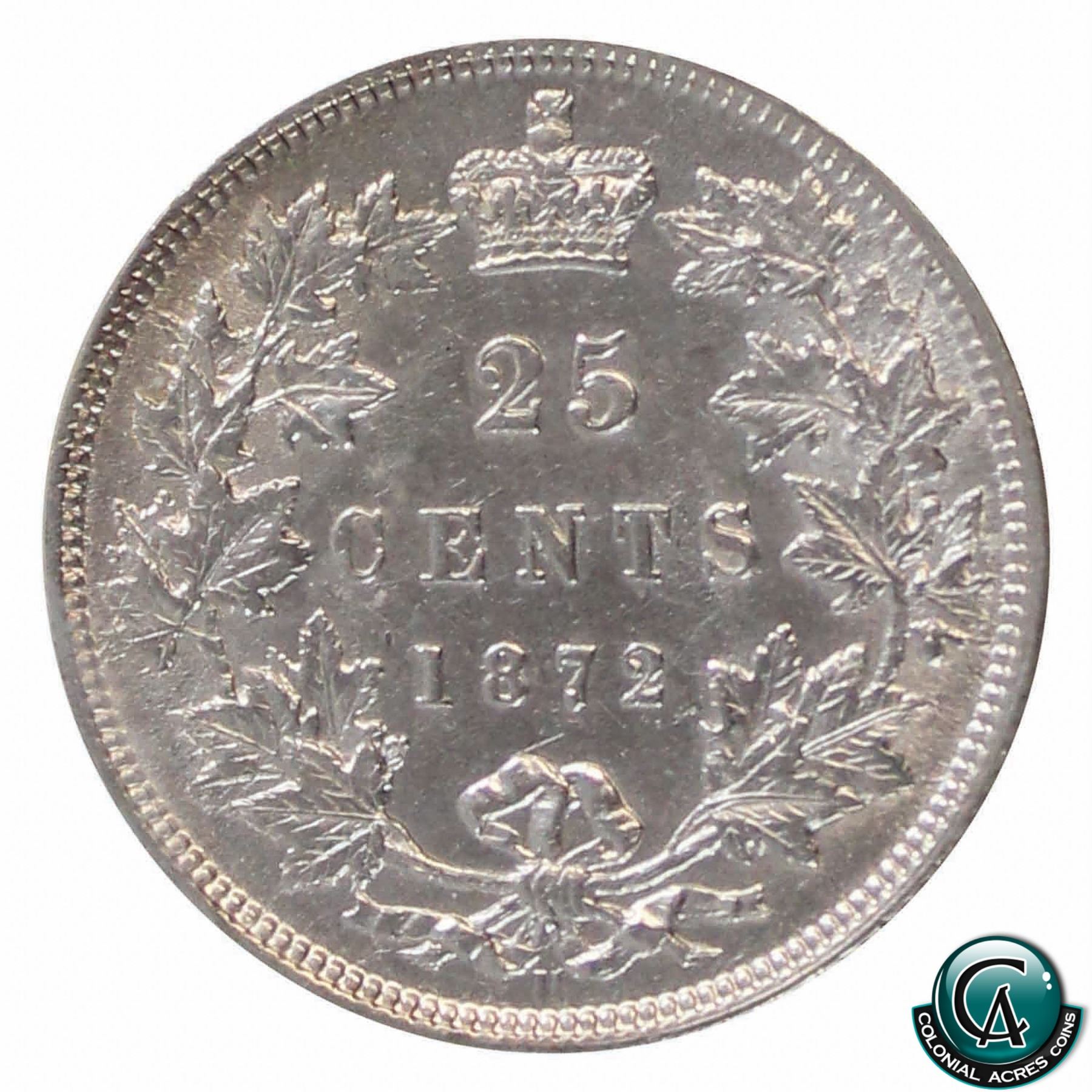 25-cent 1872H Obverse 2 ICCS Certified AU-55! A flashy coin with great eye appeal.