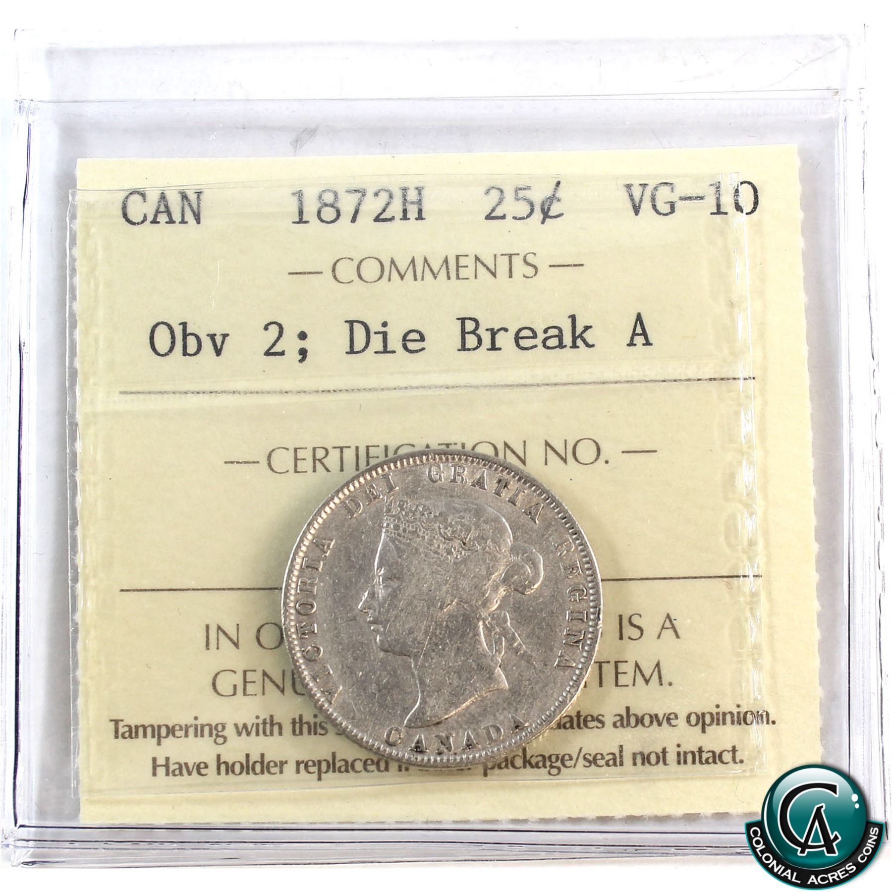 25-cent 1872H Obverse 2 Die Break A ICCS Certified VG-10. *Rare Variety ...