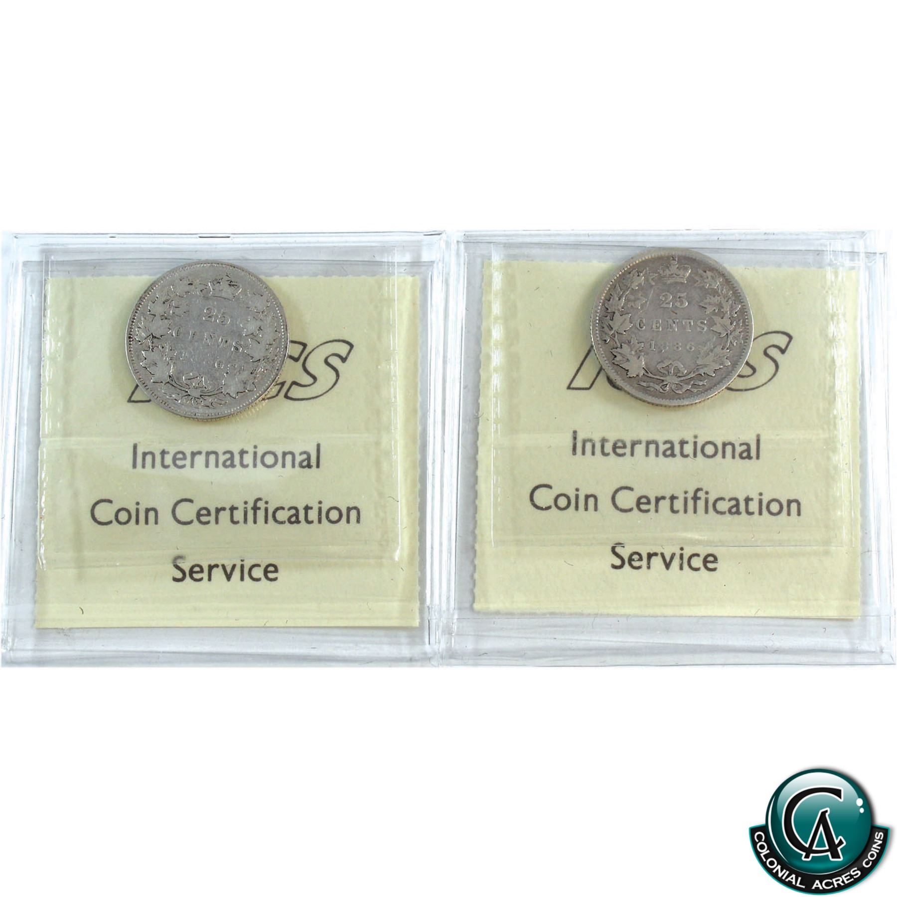 25-cent 1886 Obverse 2 Short Bough Ends & Obverse 5 Long Bough Ends ICCS Certified VG-8. Selling the