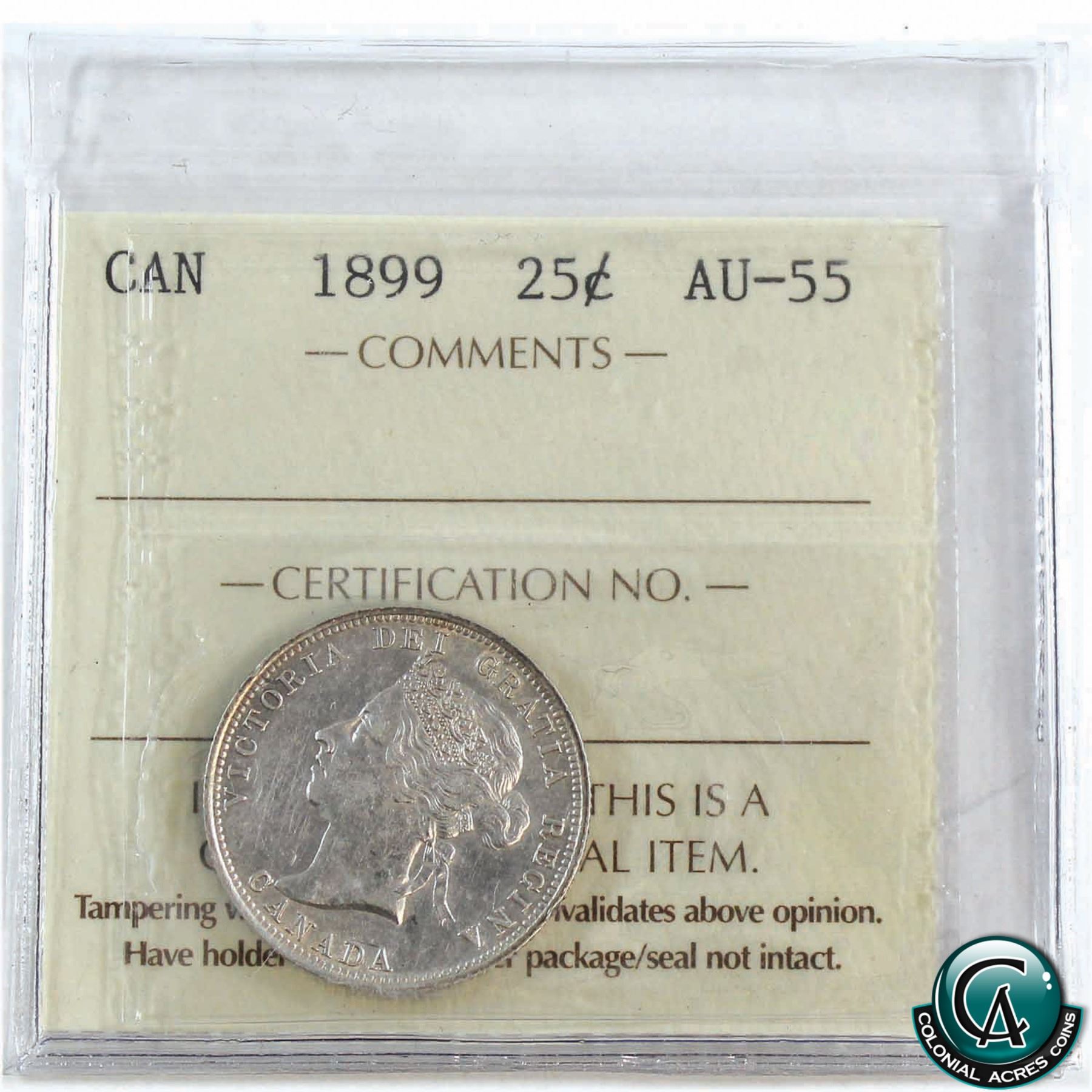 25-cent 1899 ICCS Certified AU-55!