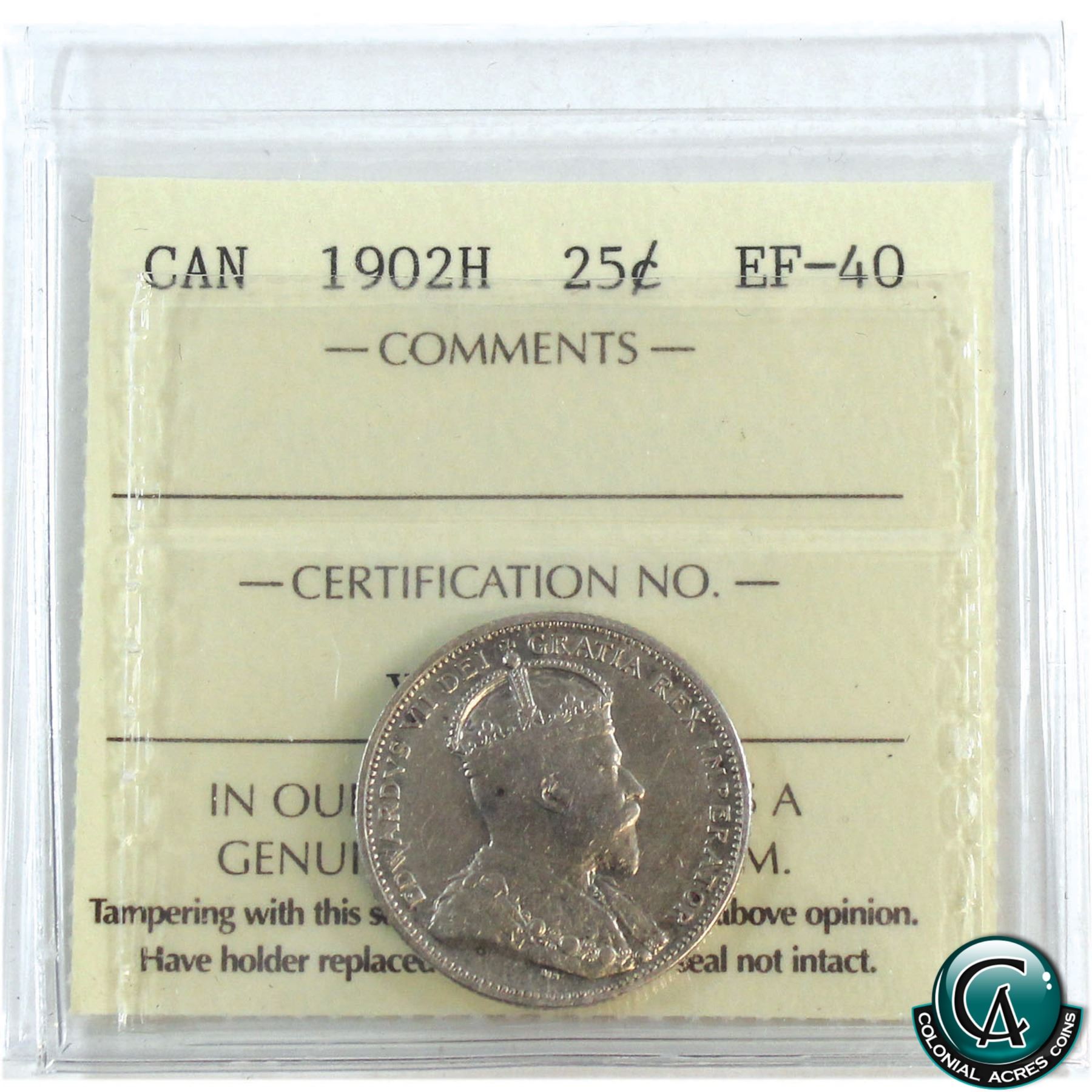 25-cent 1902H ICCS Certified EF-40.