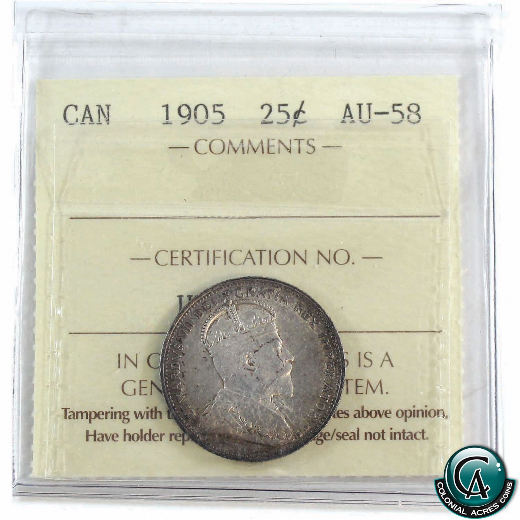 25-cent 1905 ICCS Certified AU-58! *KEY DATE*