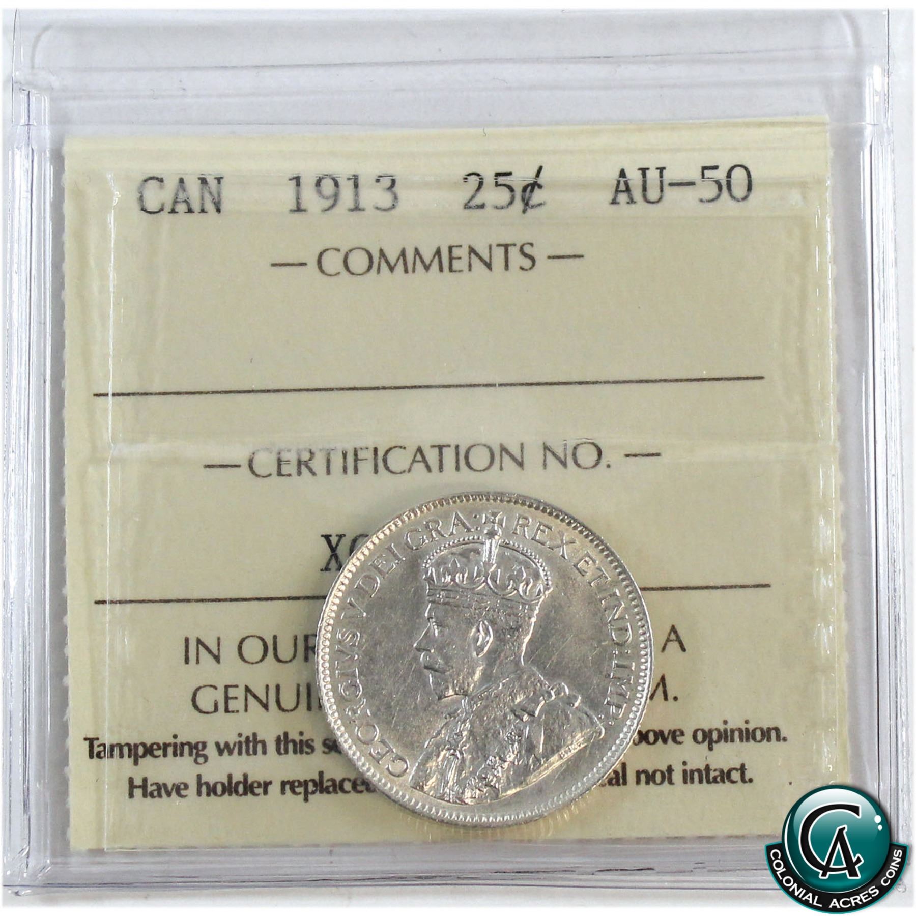 25-cent 1913 ICCS Certified AU-50.