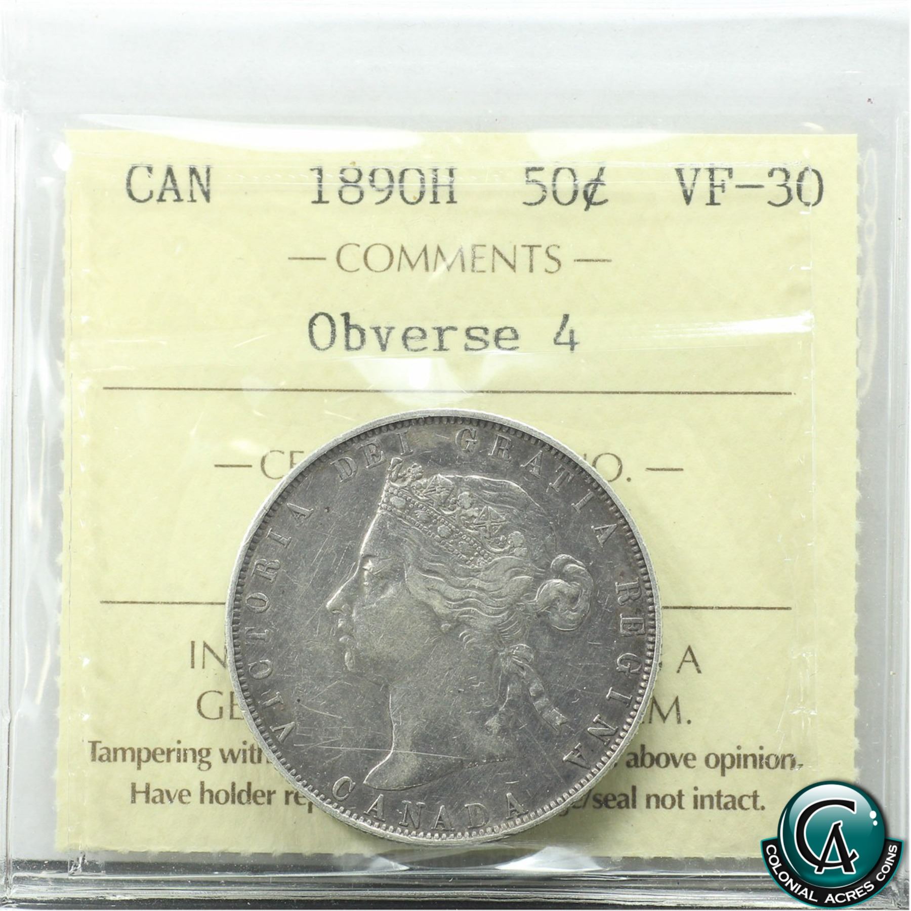 50-cent 1890H Obverse 4 ICCS Certified VF-30