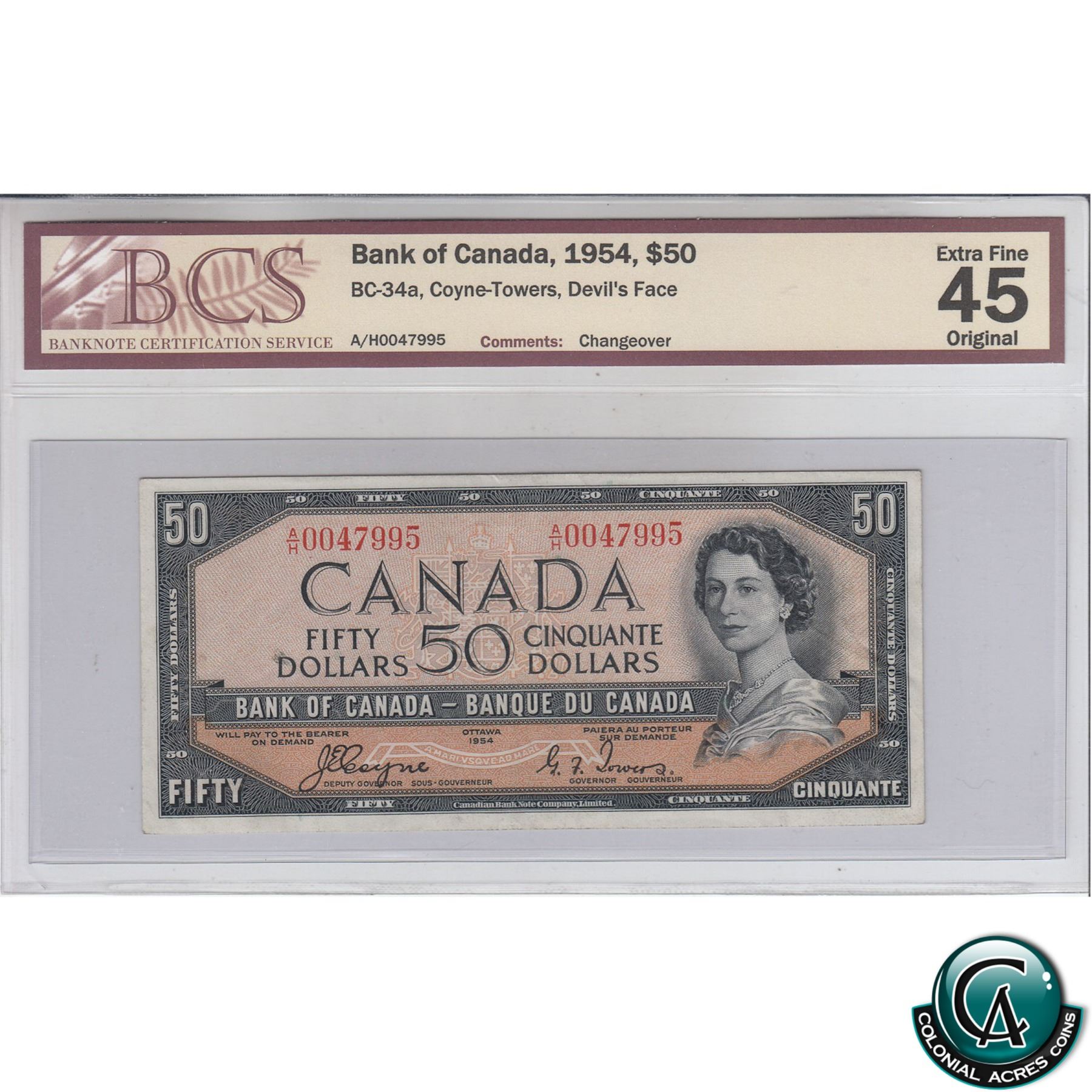 BC-34a 1954 Bank of Canada Devil's Face $50, Coyne-Towers, S/N: A/H0047995 BCS Certified EF-45 Origi
