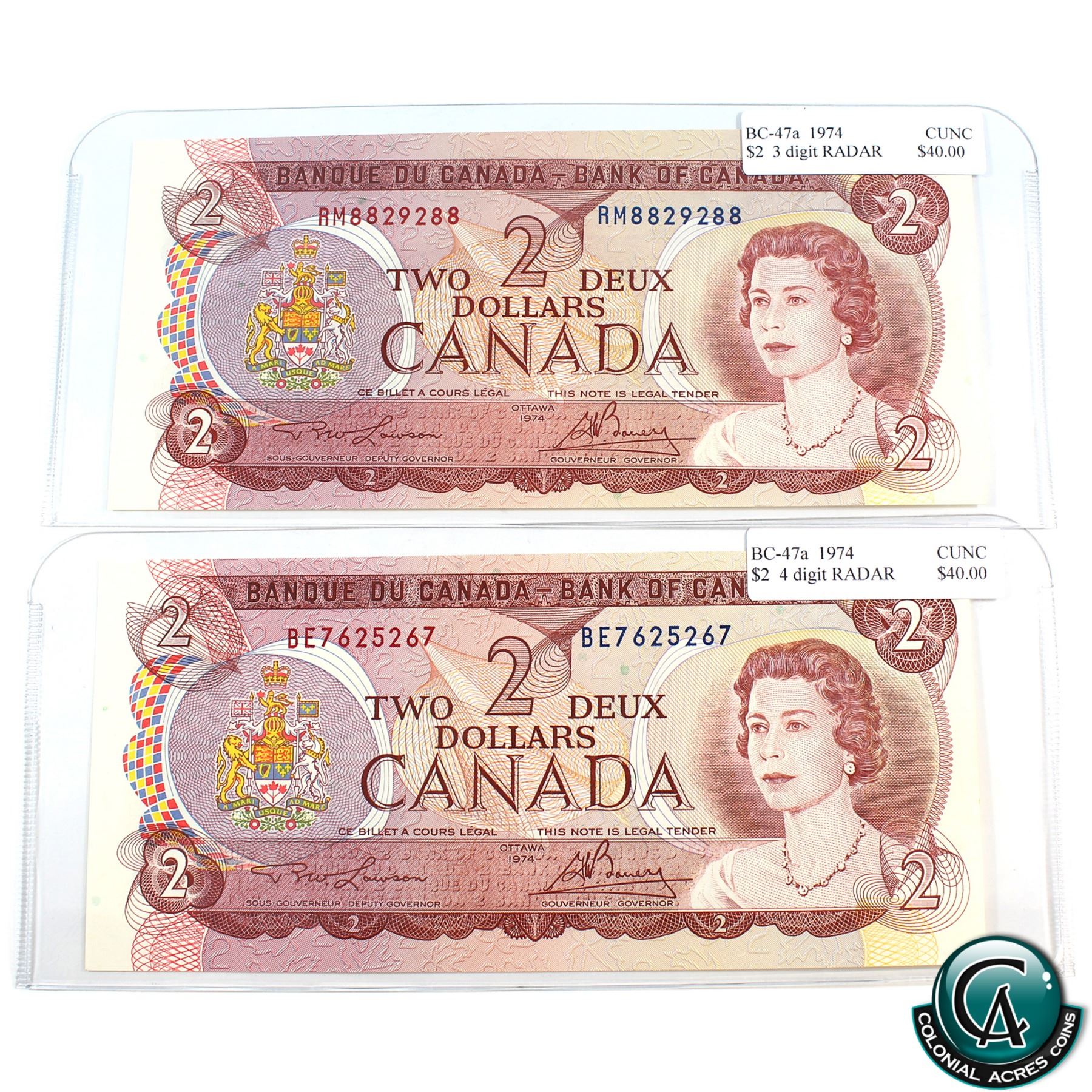 BC-47a 1974 Bank of Canada $2, 3-digit & 4-digit RADAR, Lawson-Bouey, S ...