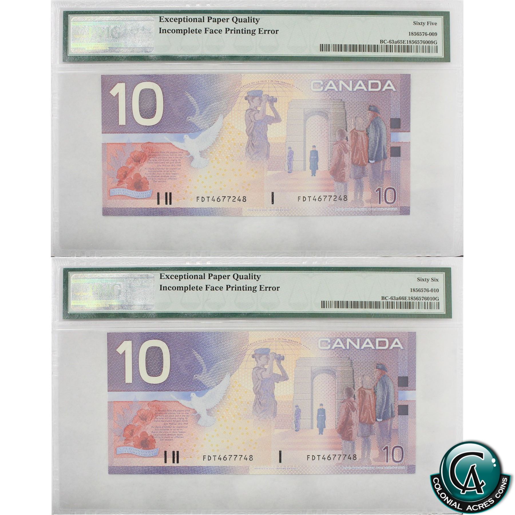 BC-63a 2000 Bank of Canada $10 Pair of "Ghost Notes", Knight-Thiessen ...